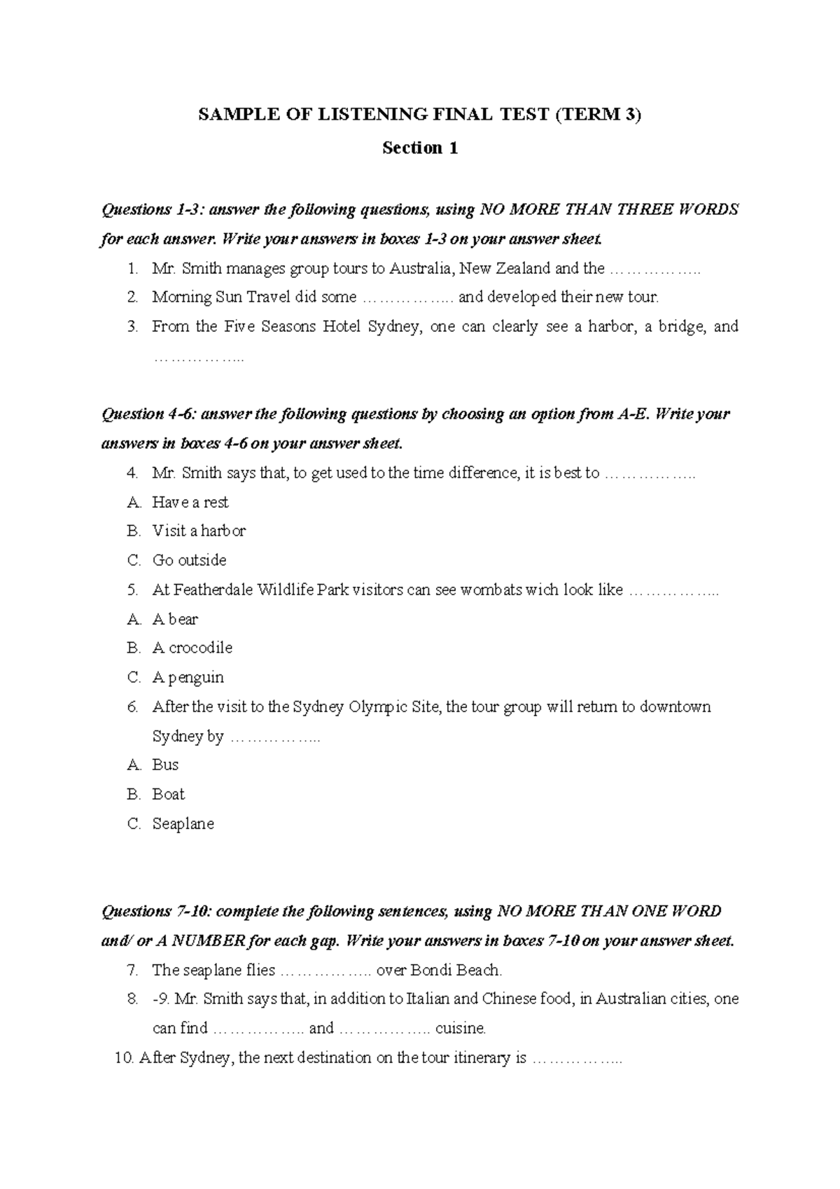 Listening Final Test (TERM 3) - Sample Questions and Answers - Studocu