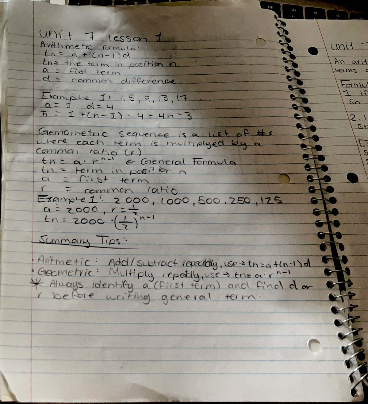 UNIT7 Math Notes: Arithmetic & Geometric Sequences and Series - Studocu