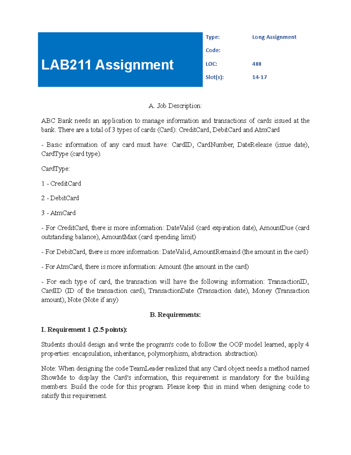 Lab211 Card SE17B03 - PD lab dbi PD lab dbi - LAB211 Assignment Type ...