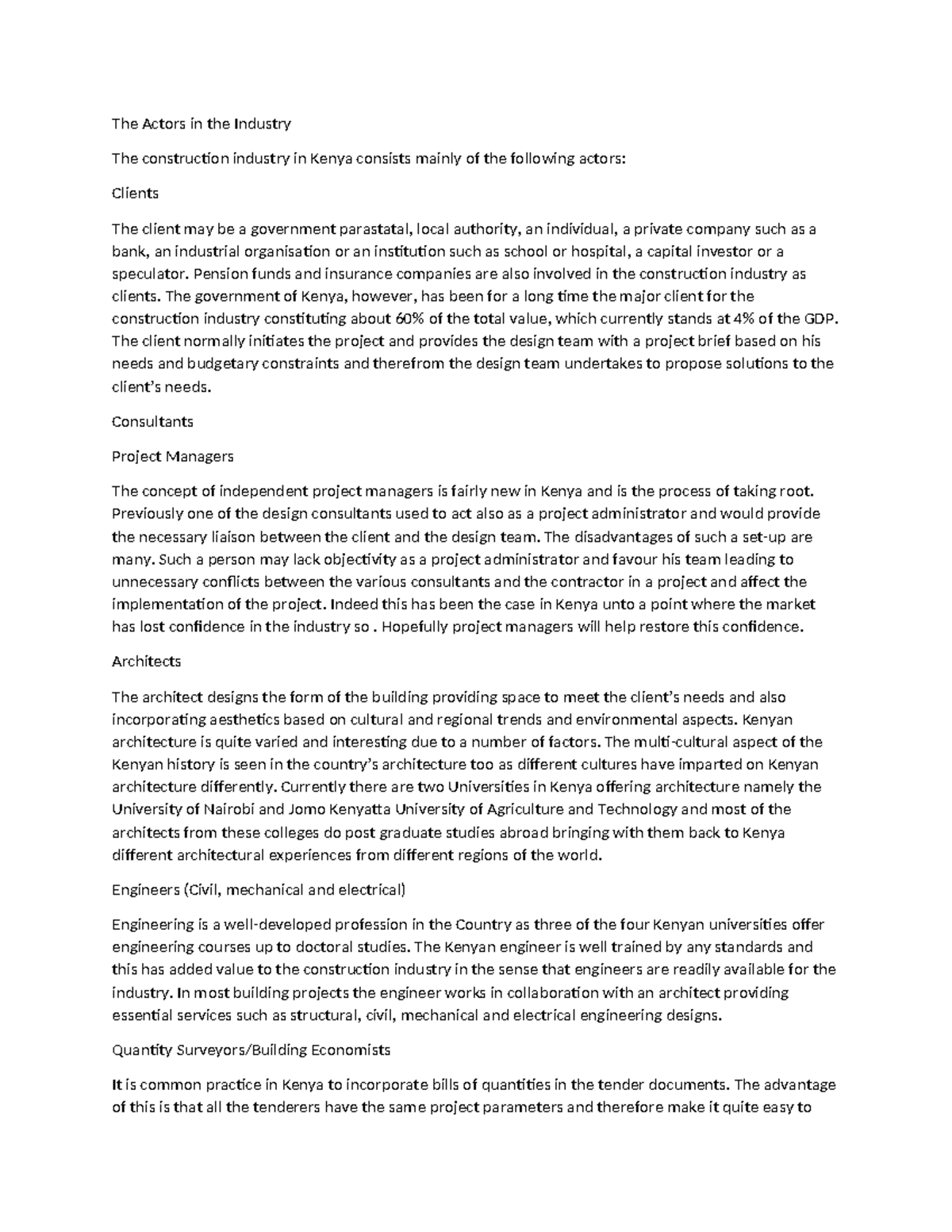 BDC Notes - Actors in the Kenyan Construction Industry - Studocu