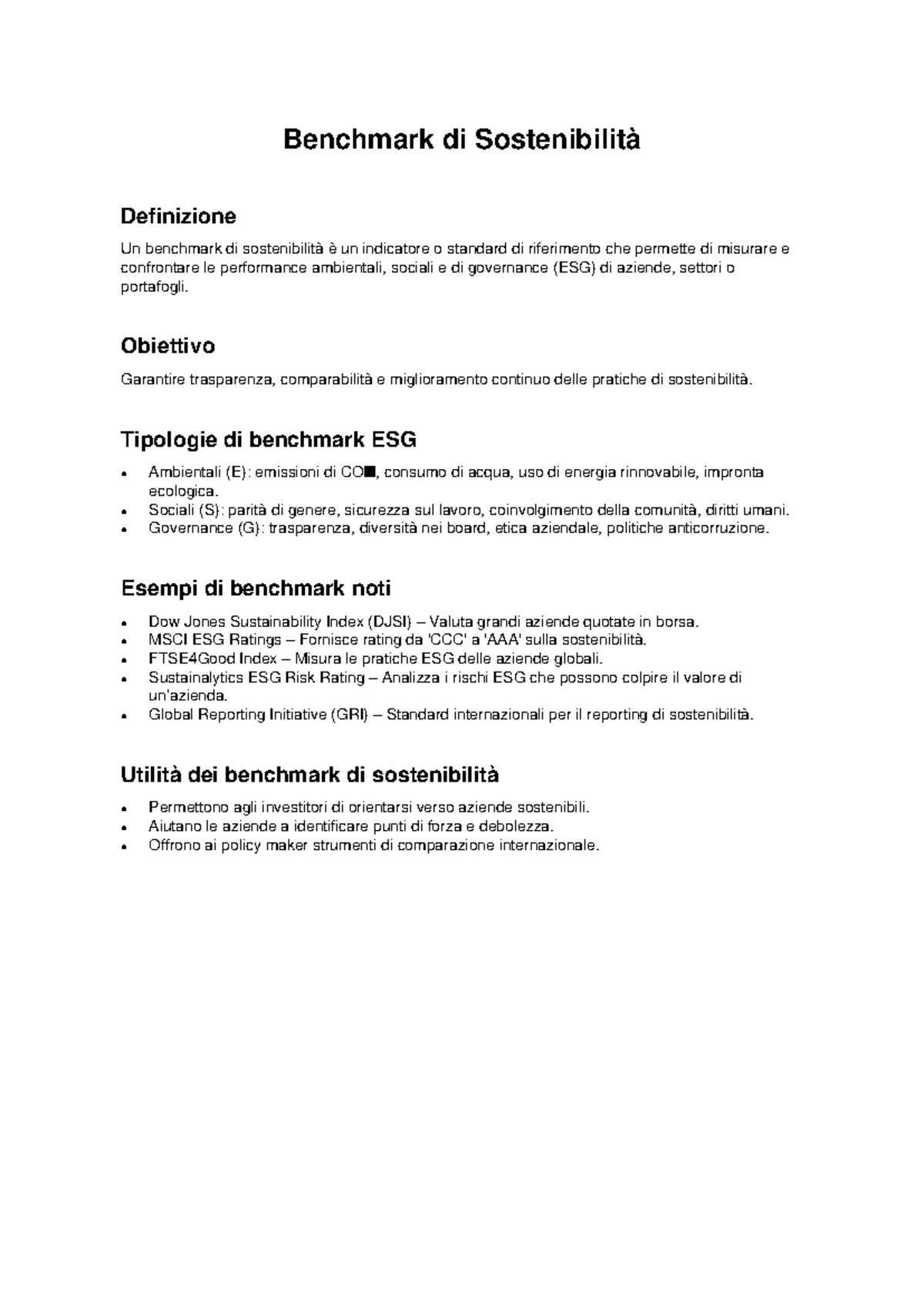 Benchmark di Sostenibilità: Definizione e Tipologie ESG - Studocu