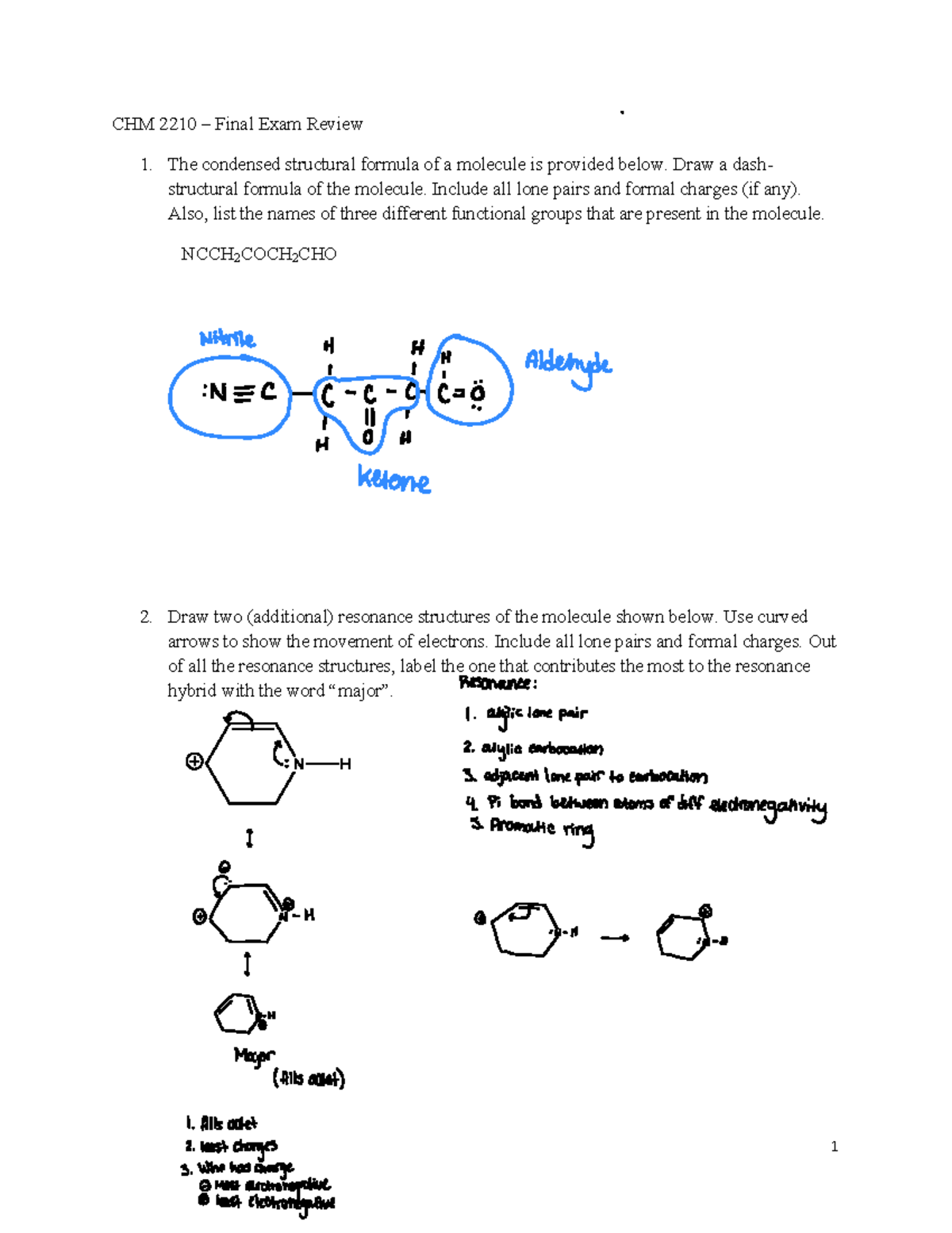 CHM 2210 F21 Final Exam Review: Structural Formulas & Reactions - Studocu