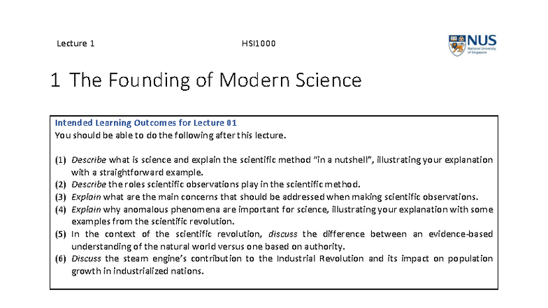 L01 Detailed Notes - 1 The Founding of Modern Science Intended Learning ...
