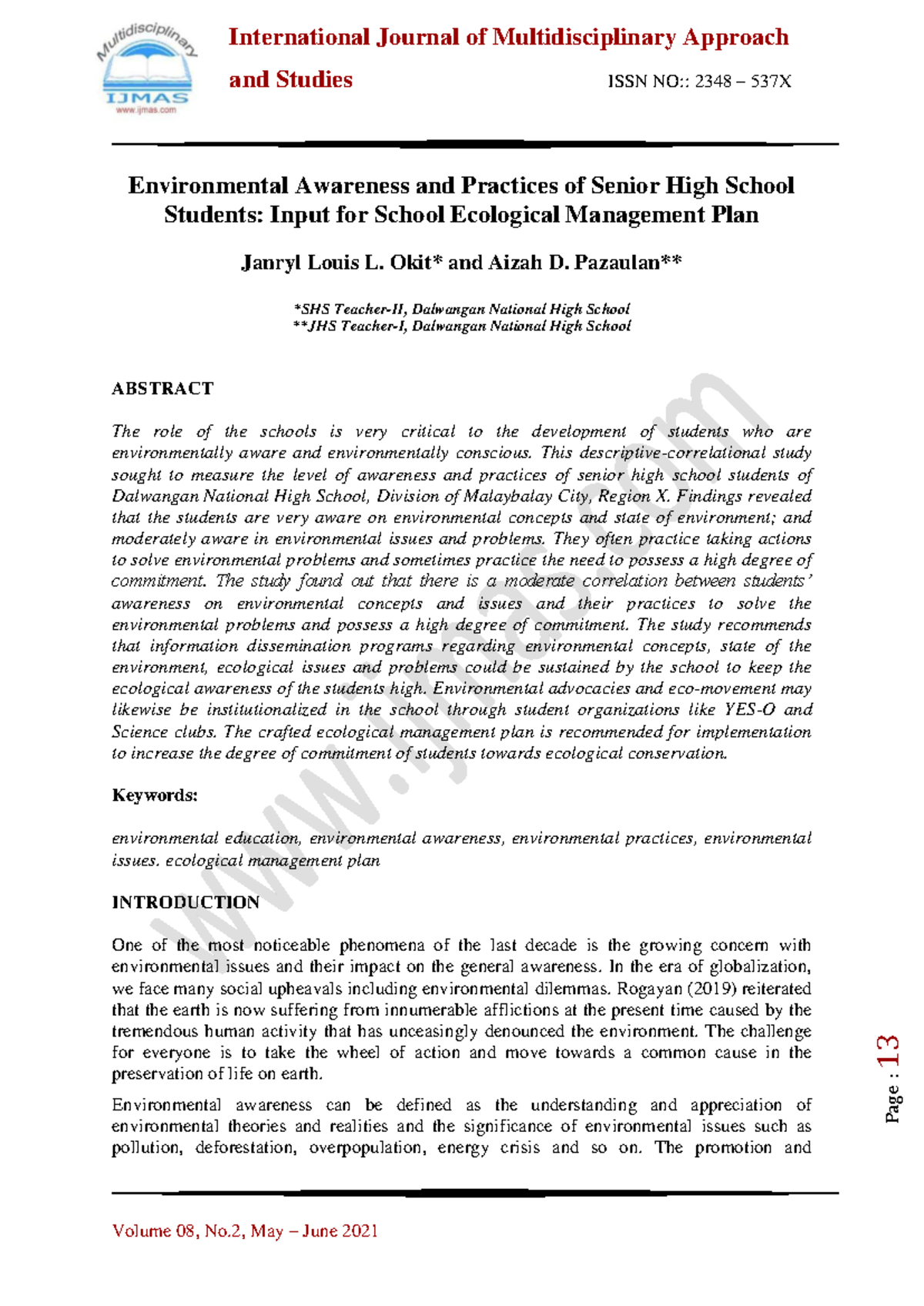 Environmental Awareness and Practices of Senior High Students: A Study ...