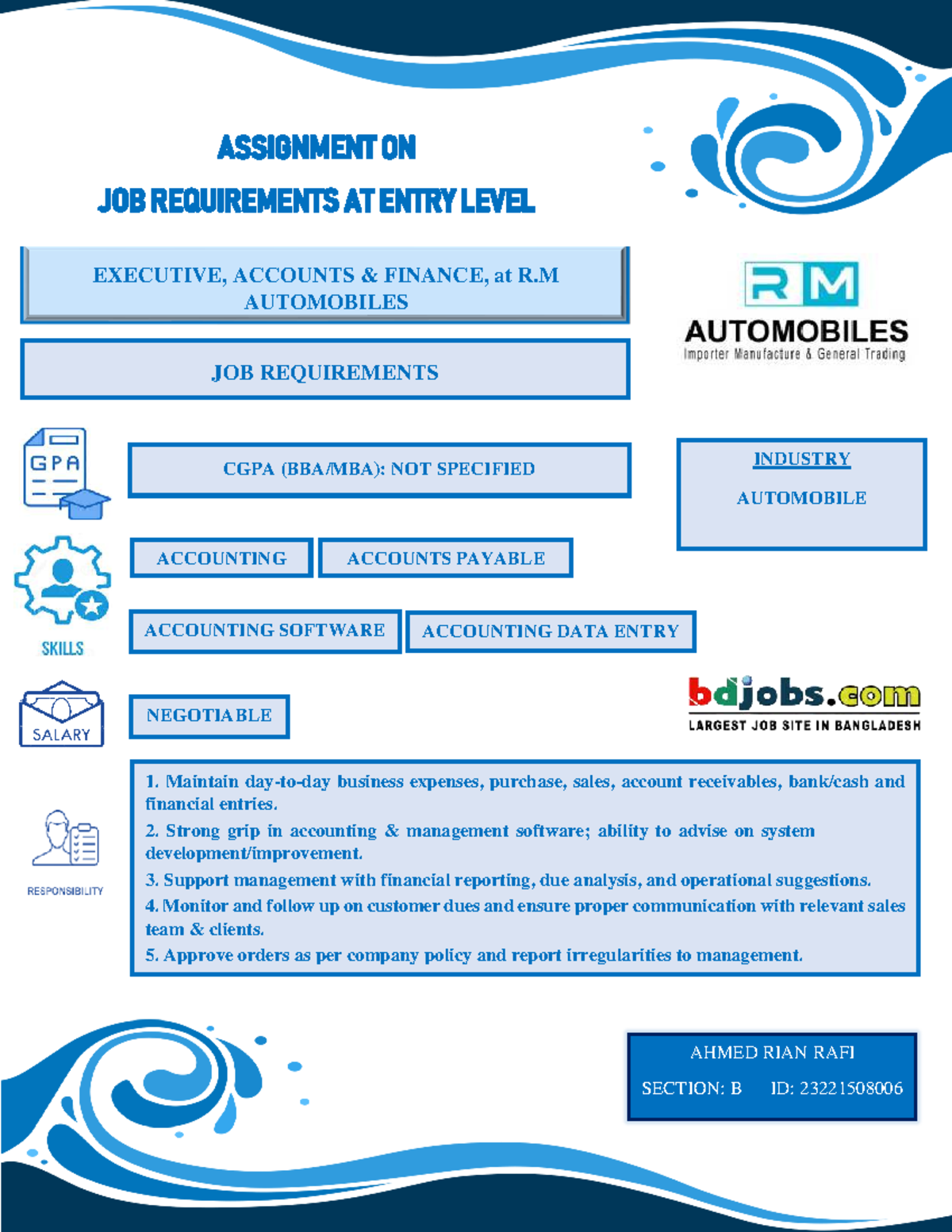 HRM Assignment: Job Requirements for Finance Roles at R.M. Automobiles ...