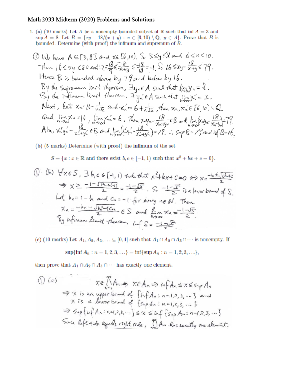 Midterm 2020, answers - Mathematical Analysi - Warning: TT: undefined function: 32 Math 2033 ...
