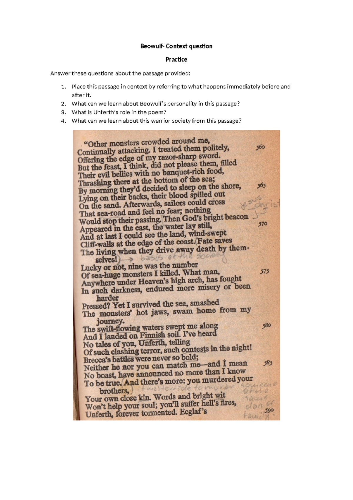 Beowulf context question practice - Lengua y Literatura - Beowulf ...