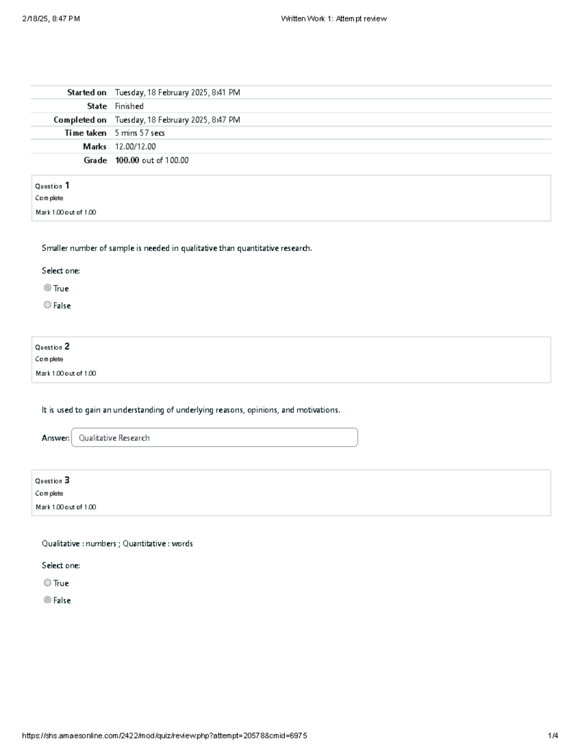 Written Work 1 For RESREARCH - Started on Tuesday, 18 February 2025, 8: ...