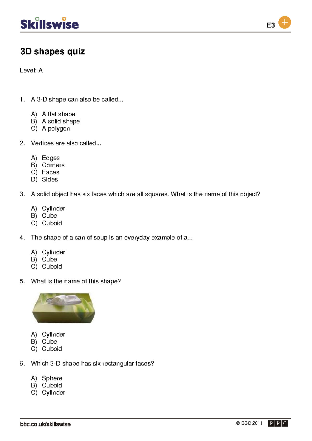 Ma343dsh-e3-Quiz: Understanding 3D Shapes for Levels A, B, and C - Studocu