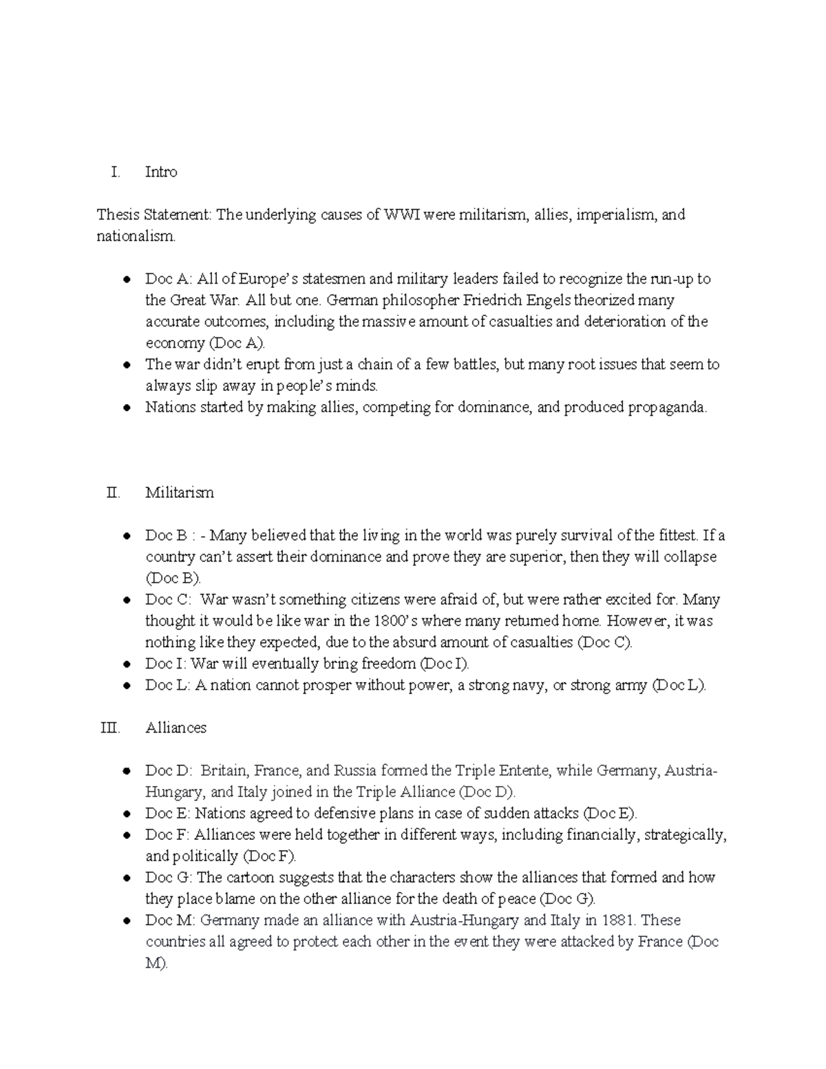 DBQ Outline - I. Intro Thesis Statement: The underlying causes of WWI ...
