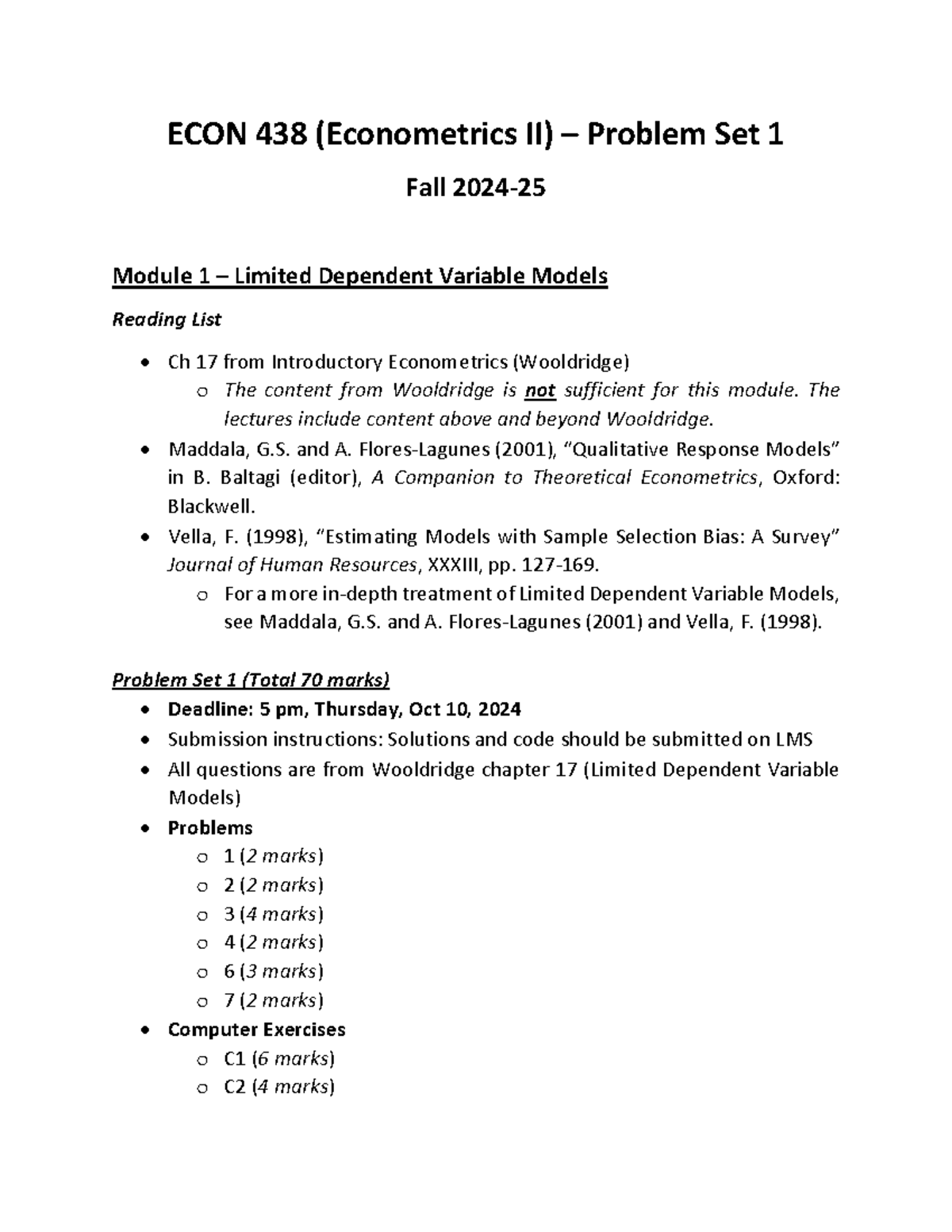 Problem Set 1 Questions - ECON 438 (Econometrics II) – Problem Set 1 ...