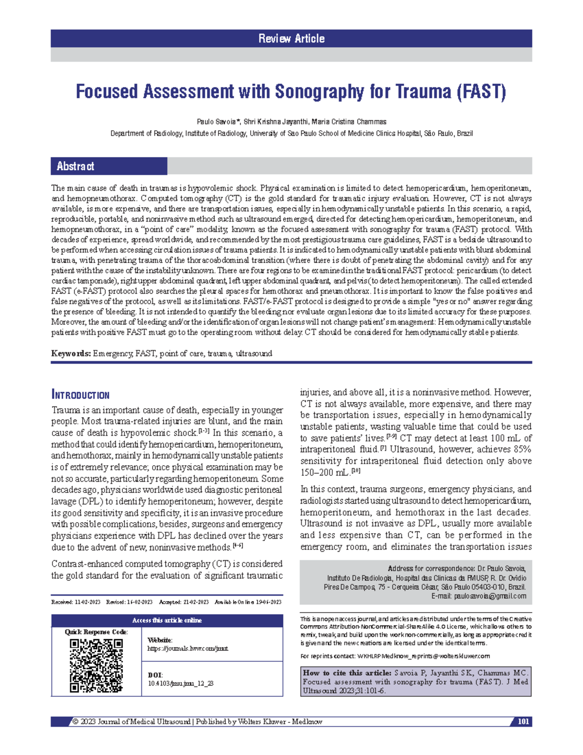 Focused Assessment with Sonography for Trauma (FAST) - © 2023 Journal ...