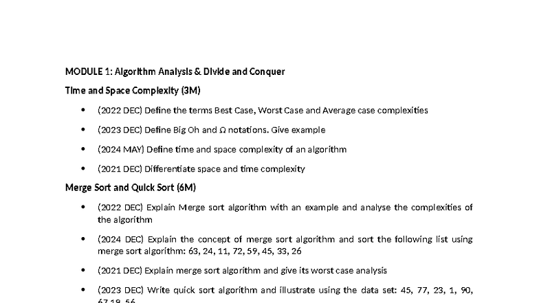 Daa Important Topics: Design & Analysis of Algorithms (3M, 6M, 2024) - Studocu