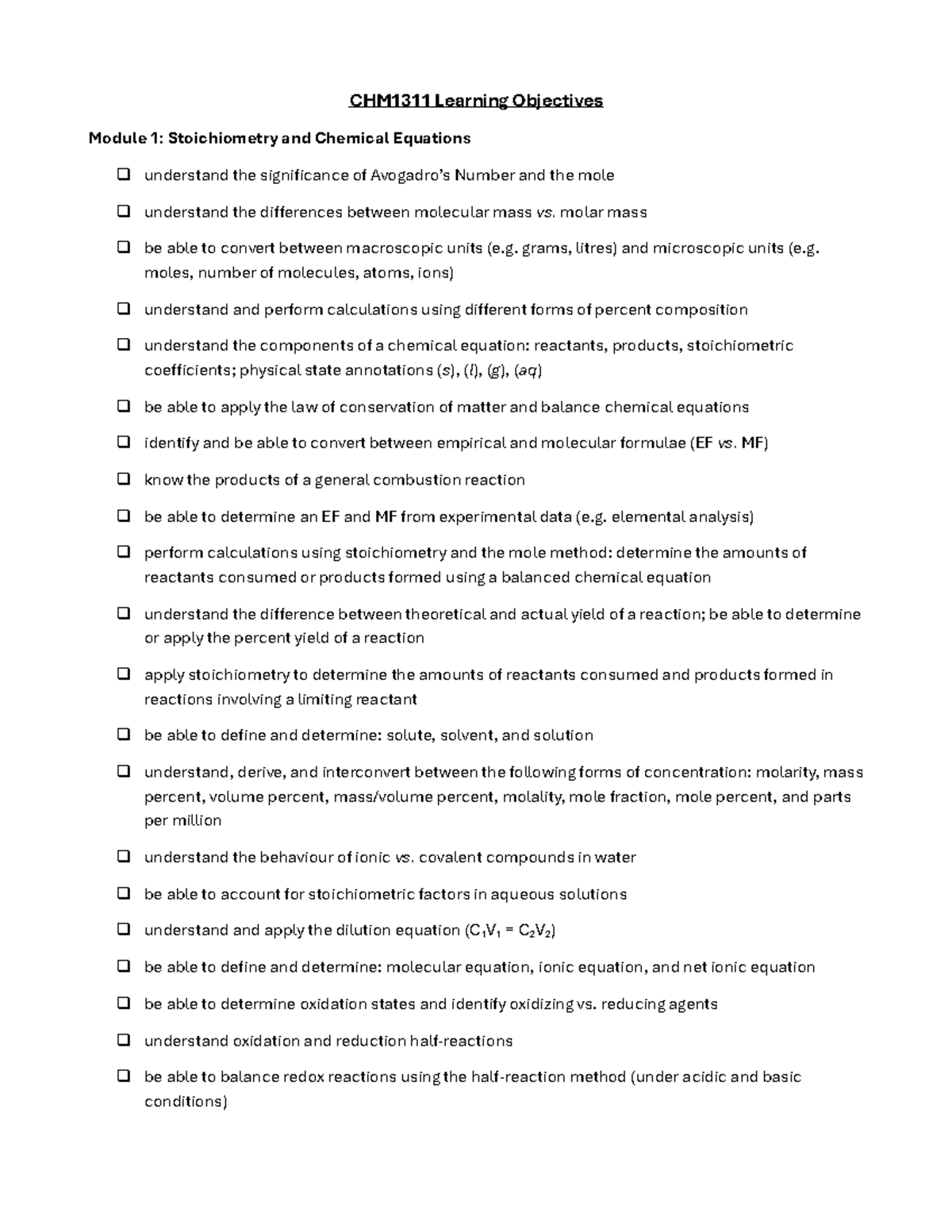 CHM1311 Learning Objectives: Stoichiometry, Gas Laws, and Equilibrium ...