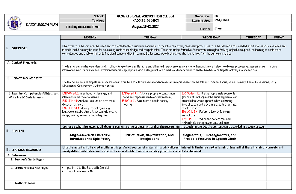 DAILY LESSON PLAN: GRADE 9 ENGLISH (Aug 19-22) - Studocu