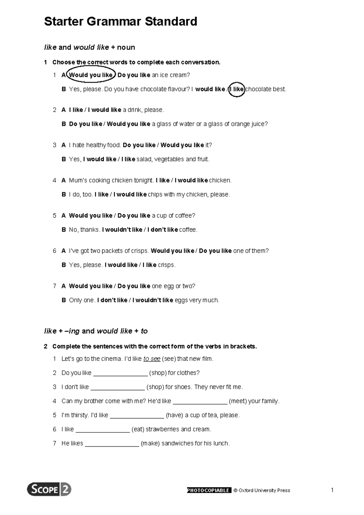 Scope 2 Grammar Worksheet: Like vs. Would Like Exercises - Studocu