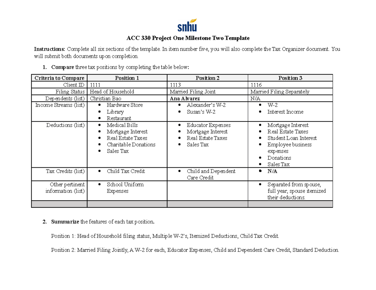 ACC 330 Project One Milestone Two: Tax Position Analysis & Organizer ...