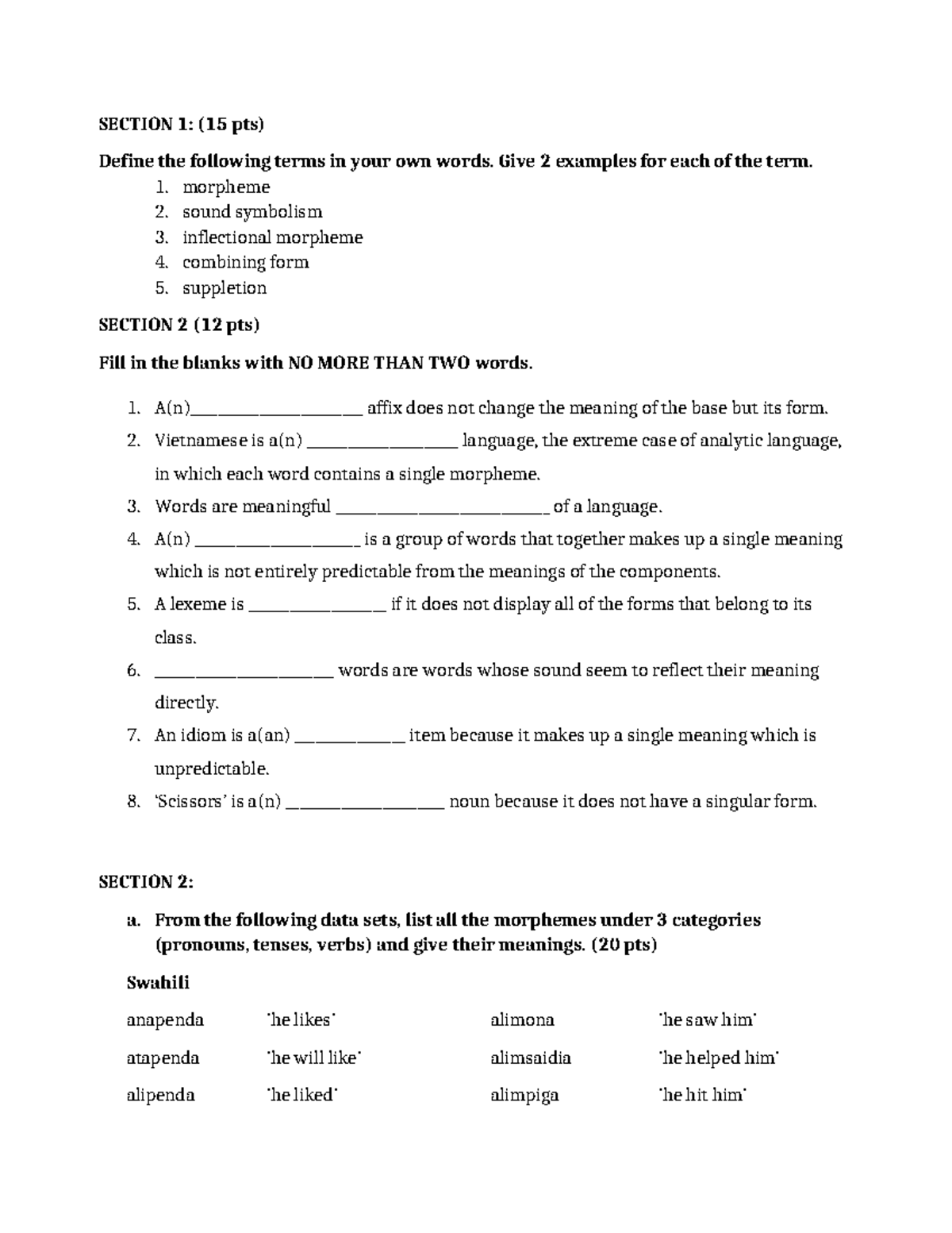 Morphology Exercises - Definition & Analysis (LING 101) - Studocu