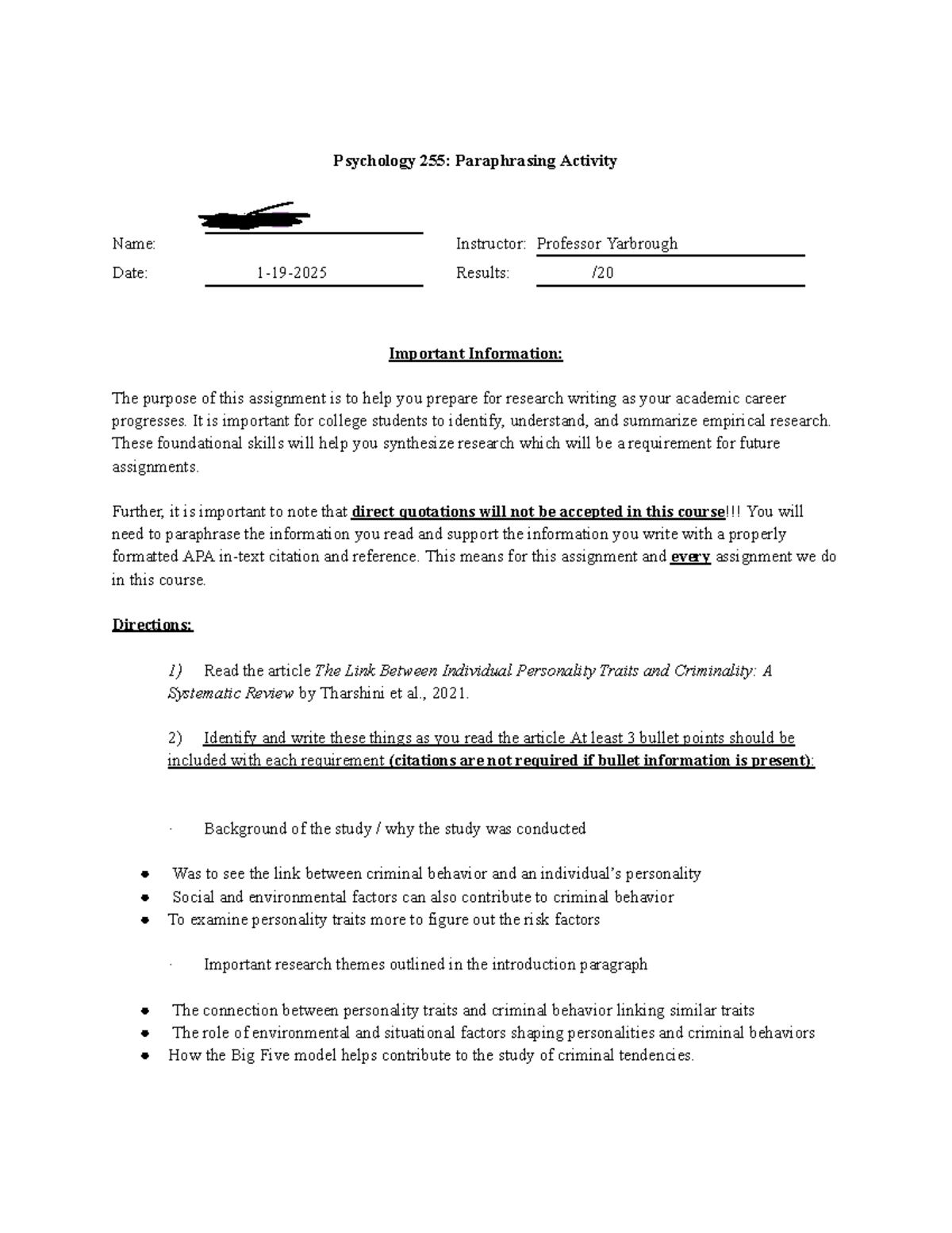 Psychology 255: Paraphrasing Activity Guidelines and Insights - Studocu