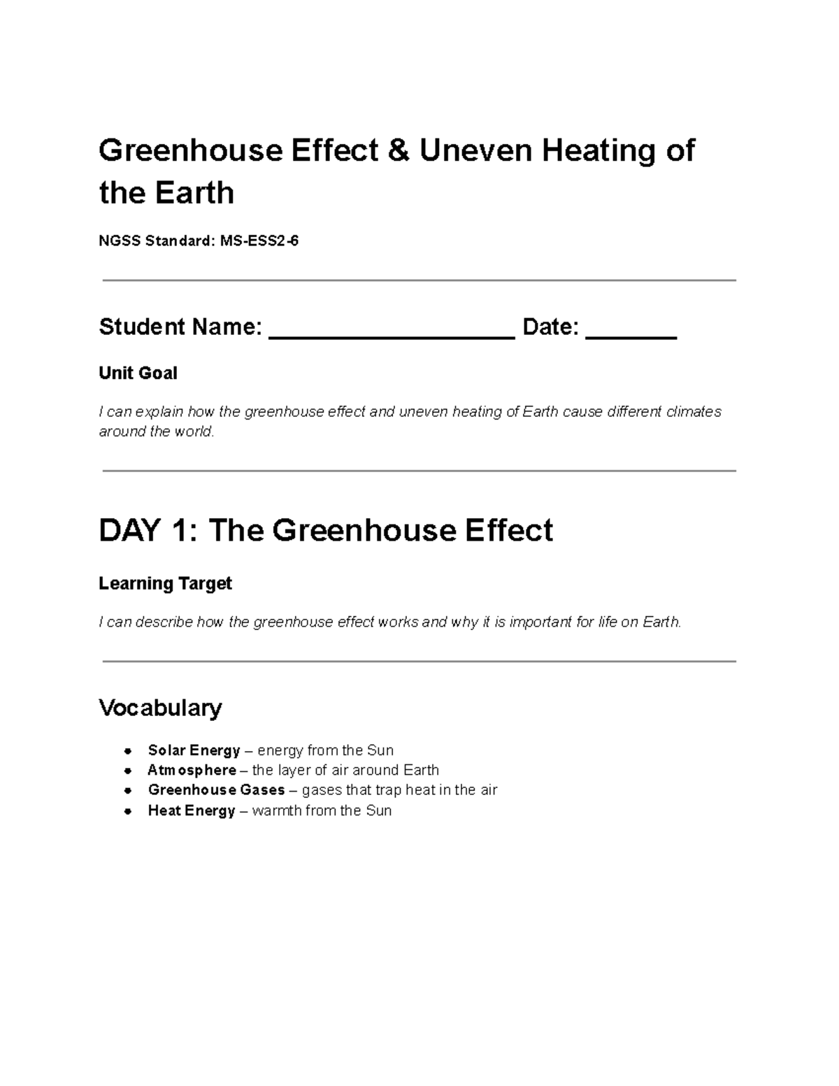 Greenhouse Effect & Uneven Heating of Earth: NGSS Study Guide - Studocu