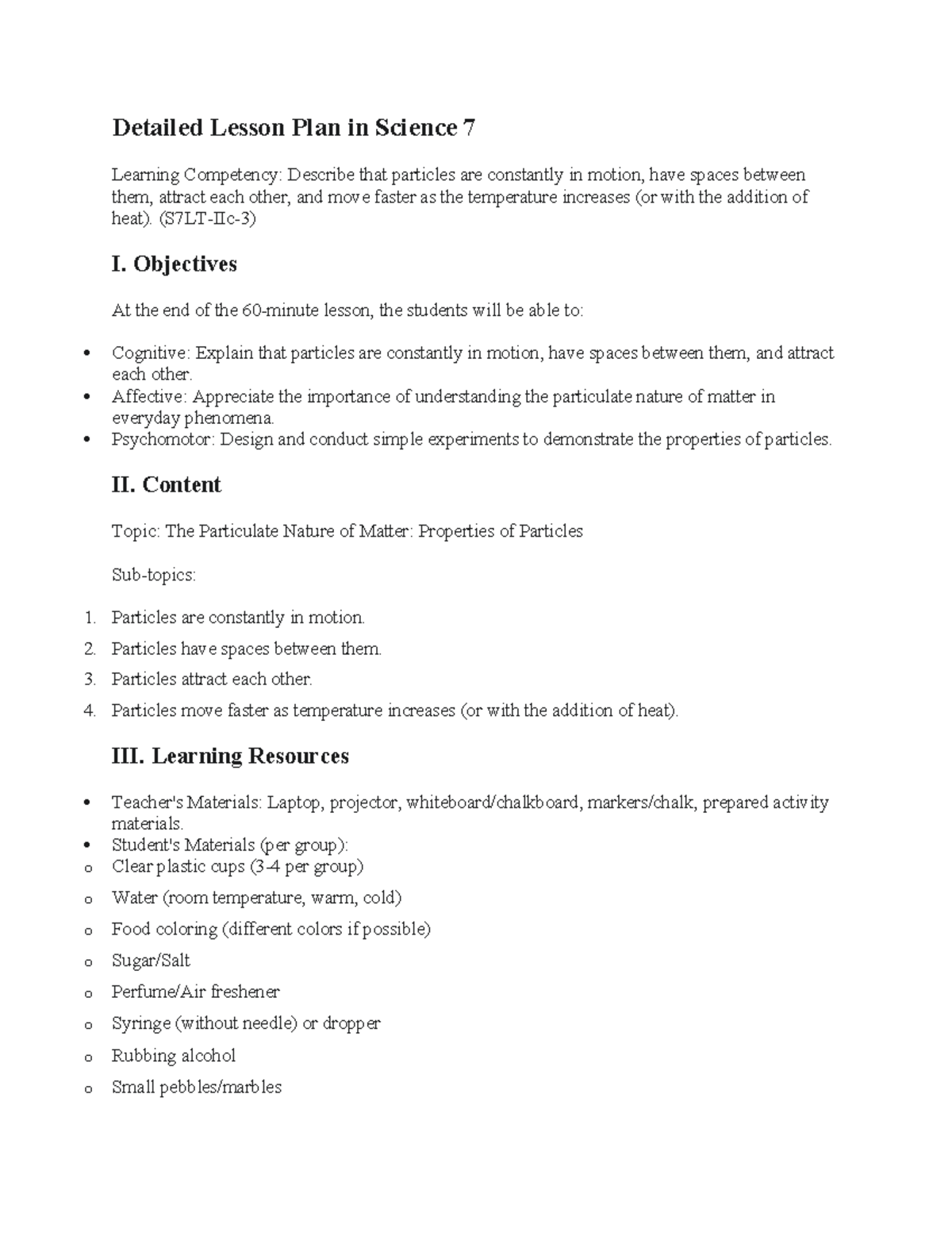 Detailed Lesson Plan in Science 7: The Particulate Nature of Matter ...