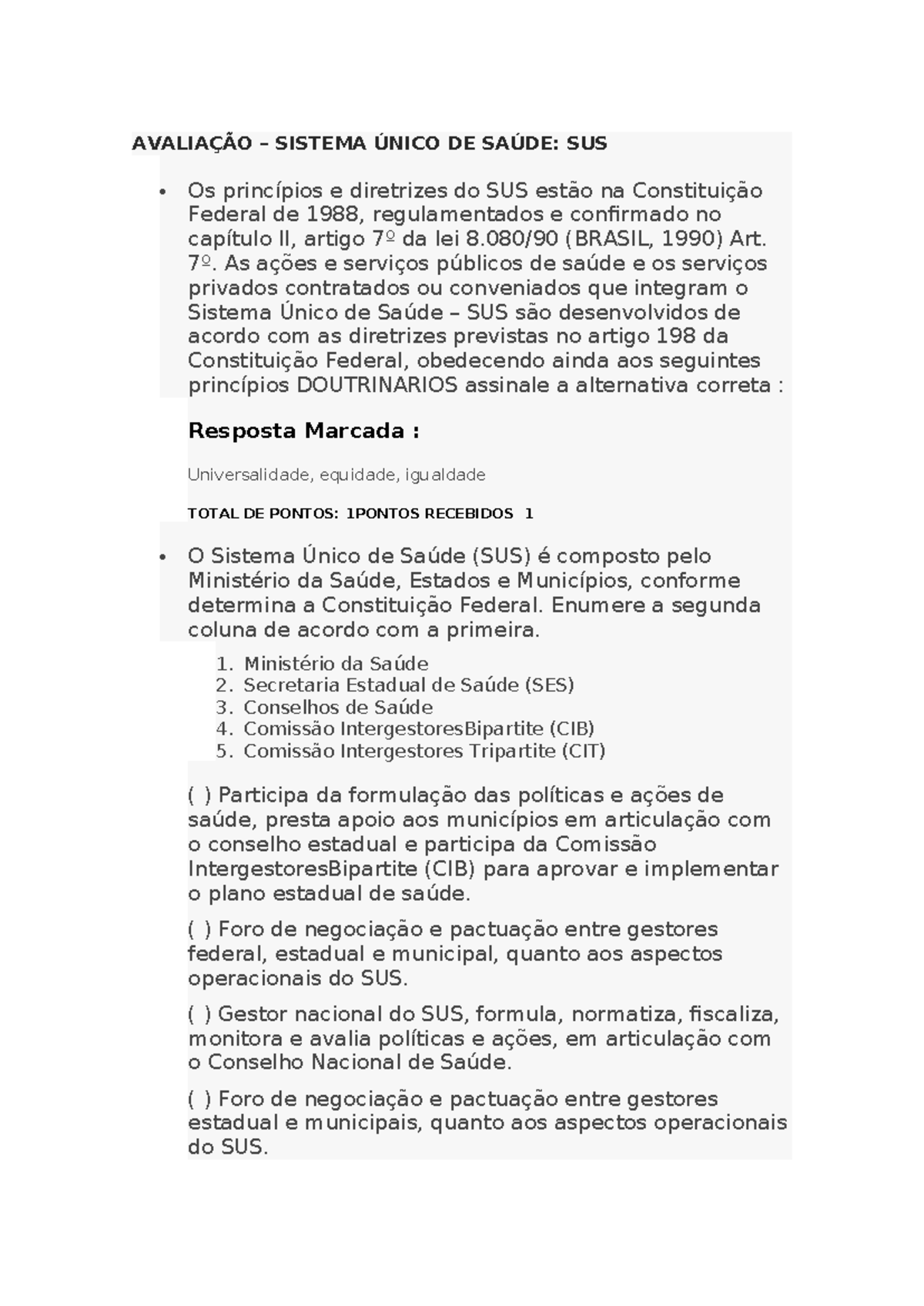 Avaliação - Resumo e Princípios do Sistema Único de Saúde (SUS) - Studocu