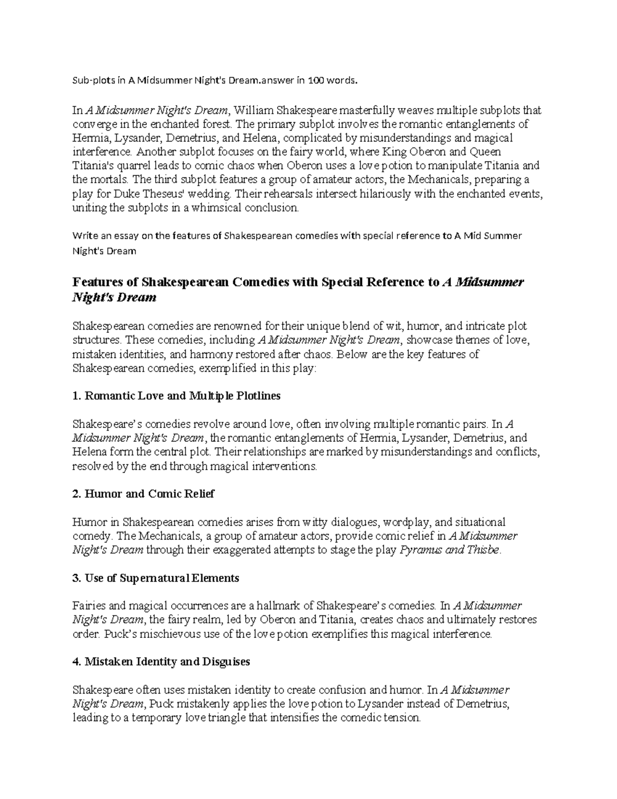 Midterm Essay Notes: Features of Shakespearean Comedies in A Midsummer ...