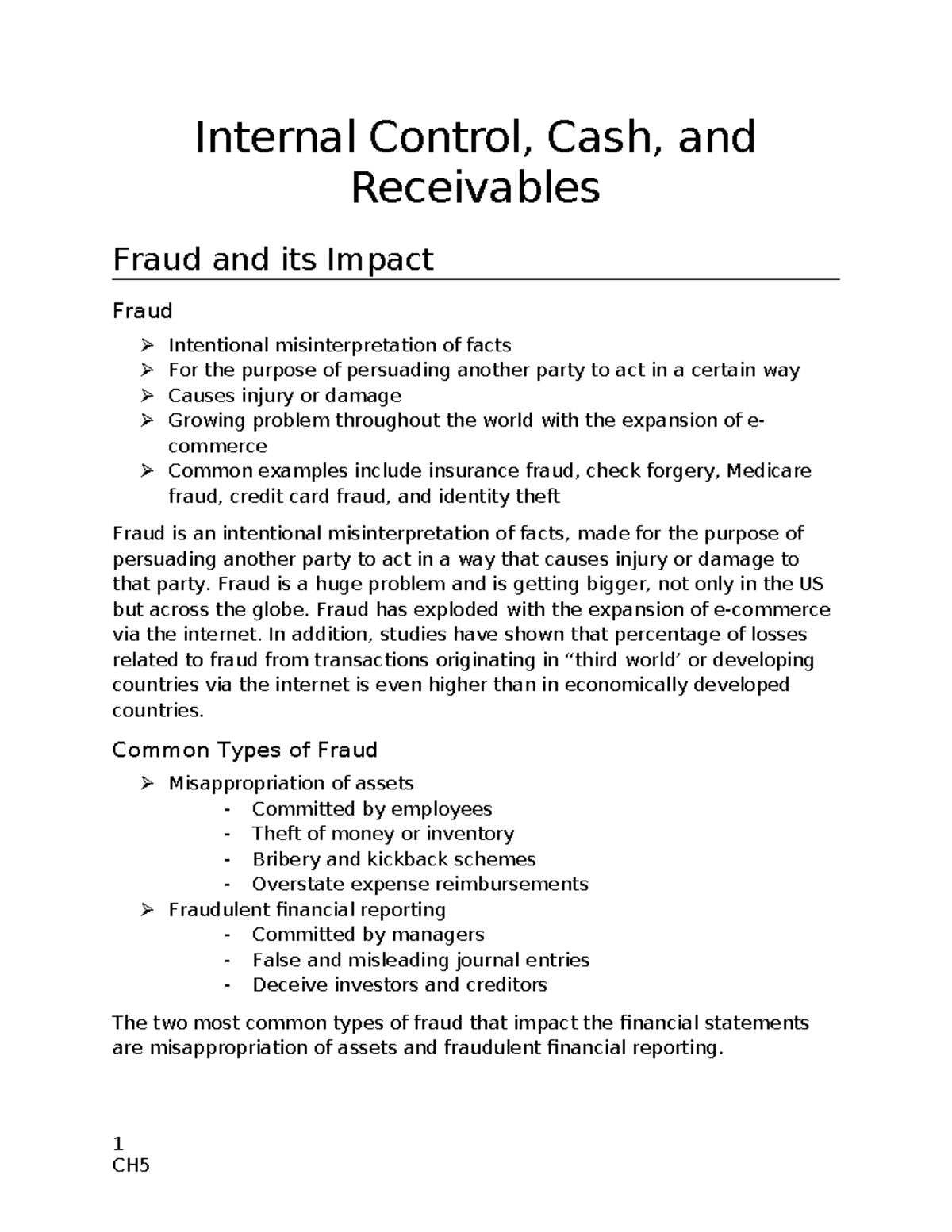 CH5 - Internal Control, Cash, and Receivables Fraud Overview - Studocu