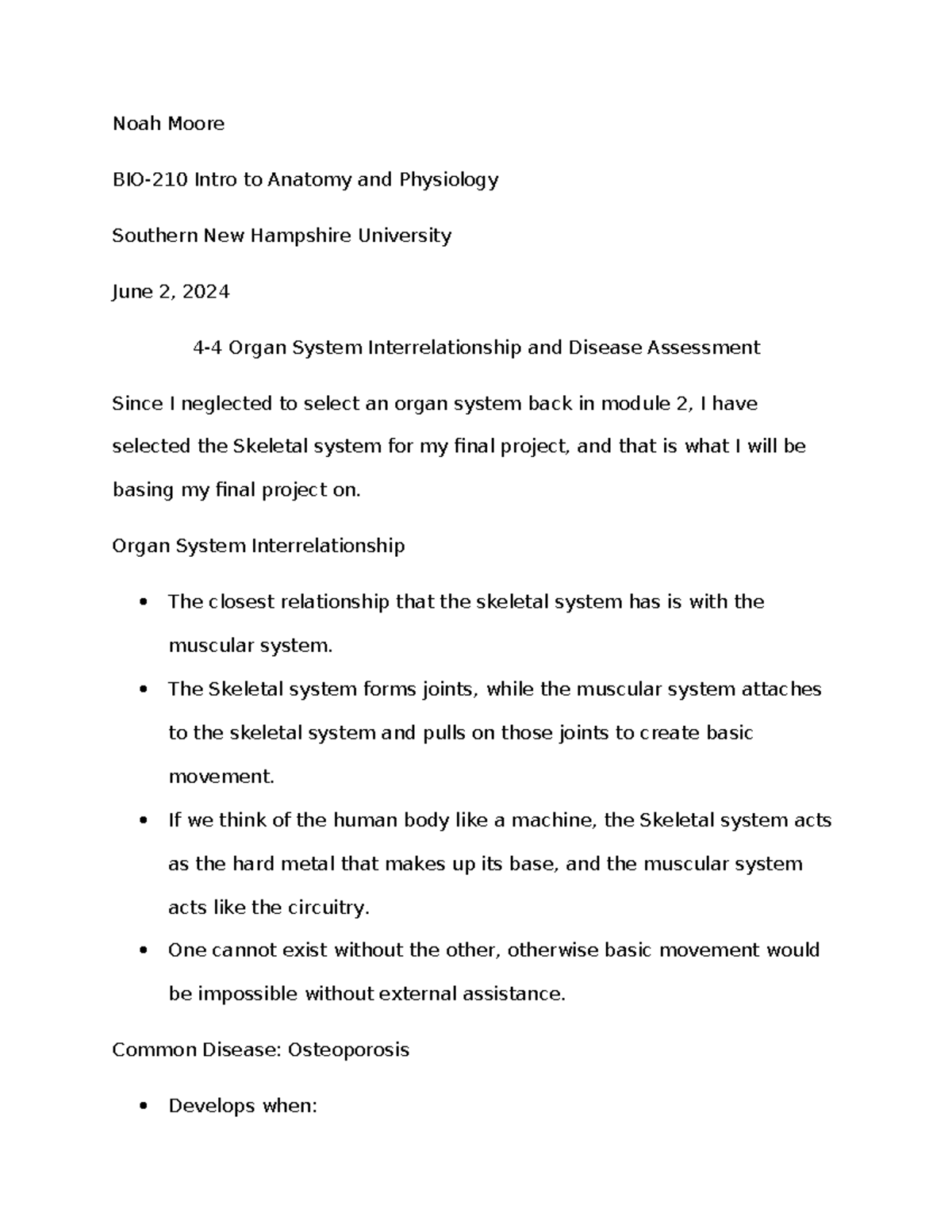 BIO-210 Final Project: Skeletal System & Disease Relationships - Studocu