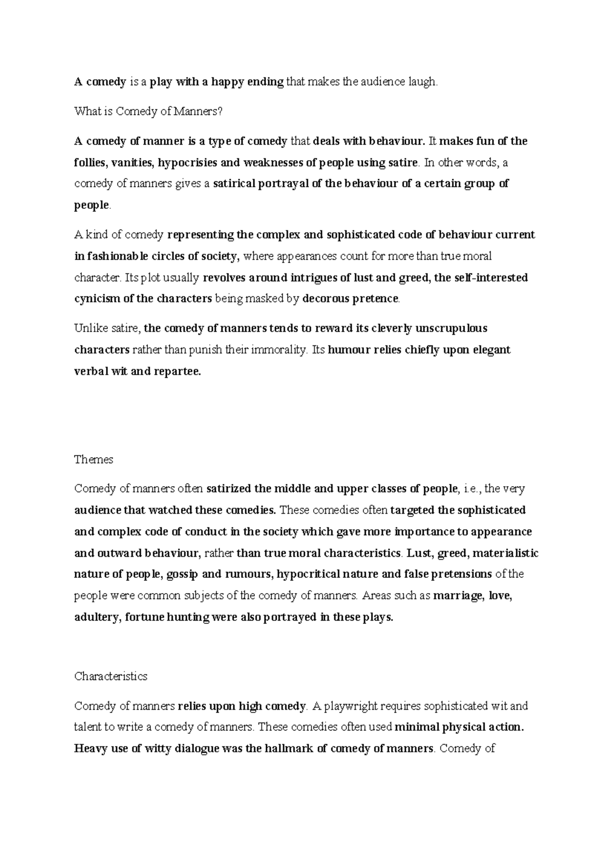 Comedy of Manners: An In-Depth Analysis of Satirical Plays - Studocu