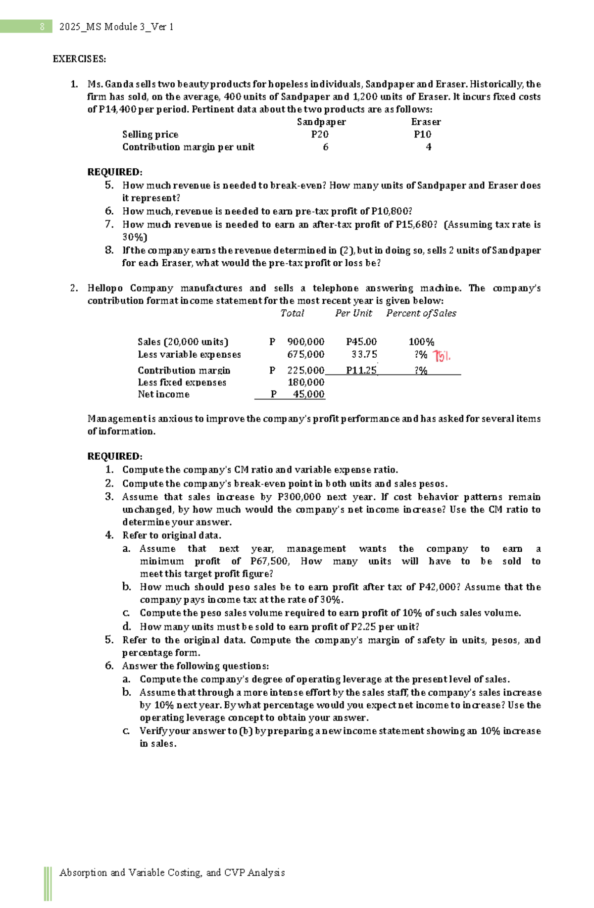 2025_MS Module 3 CVP Practice Exercises and Solutions - Studocu