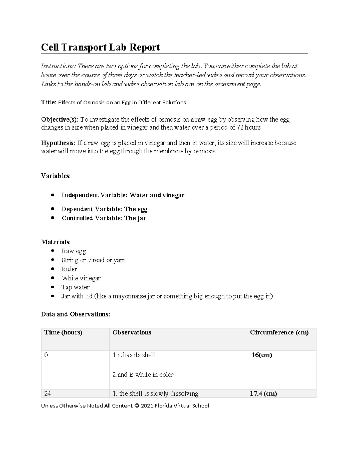 Cell Transport Lab Report: Effects of Osmosis on Egg Size (Lab 2) - Studocu