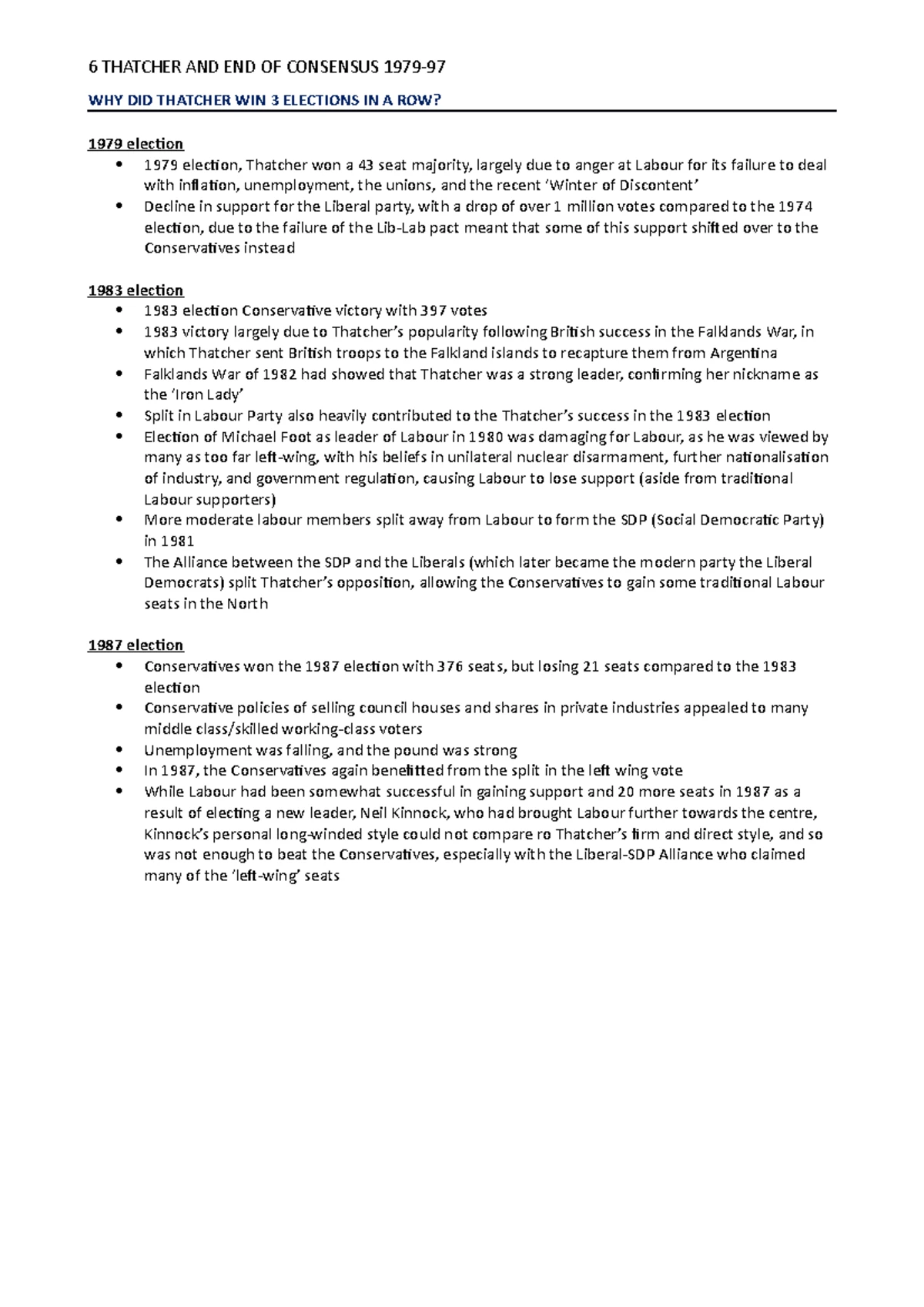 thatcher ocr history notes - WHY DID THATCHER WIN 3 ELECTIONS IN A ROW ...