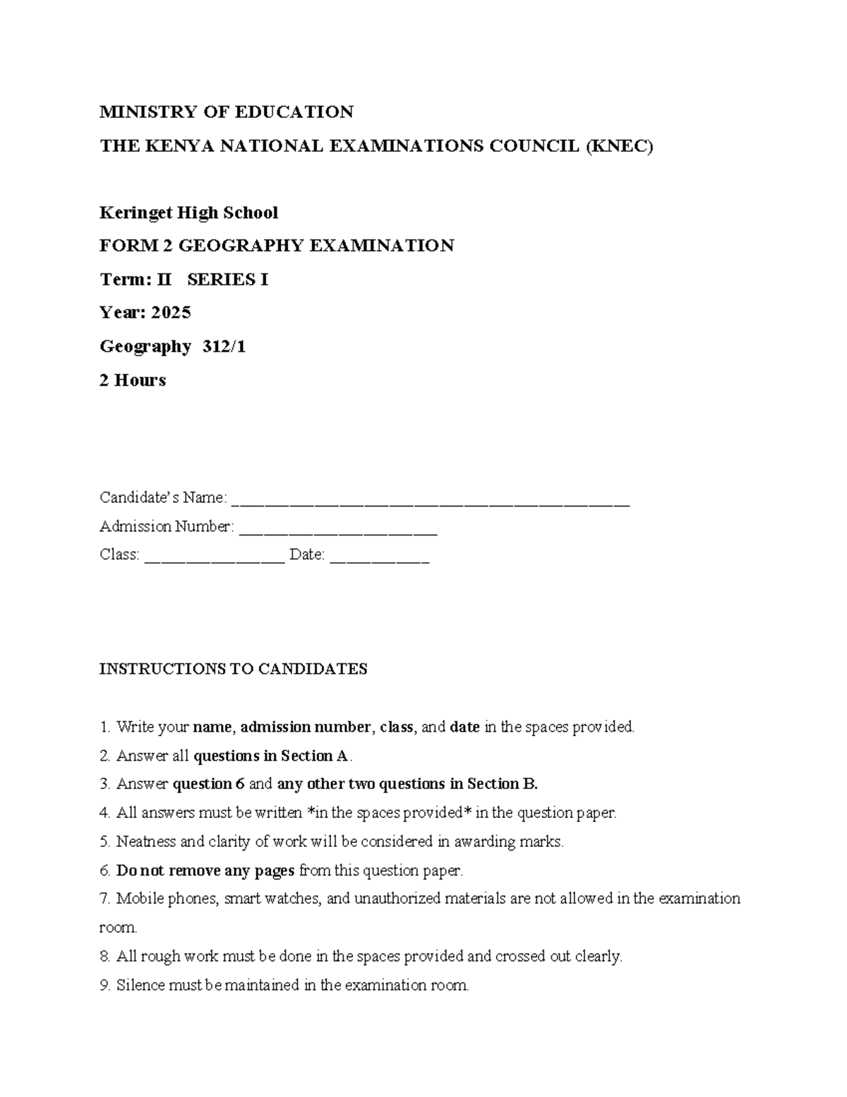 KNEC Form 2 Geography Exam Term II Series I - 2025 - Studocu
