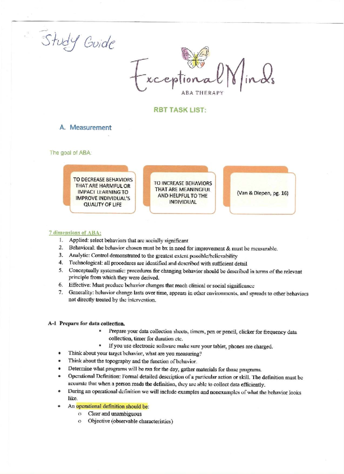 Final Exam Study Guide for ABA Therapy RBT Task List (ABC123) - Studocu