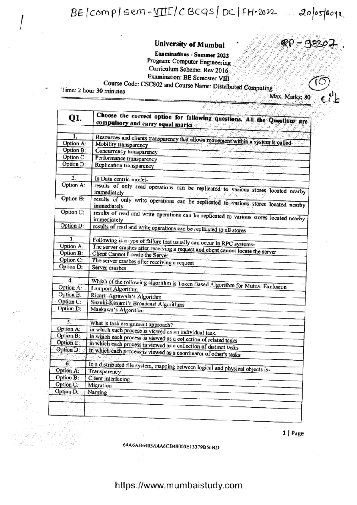 CSC802 BE Sem 10 Distributed Computing Exam Paper - Summer 2022 - Studocu