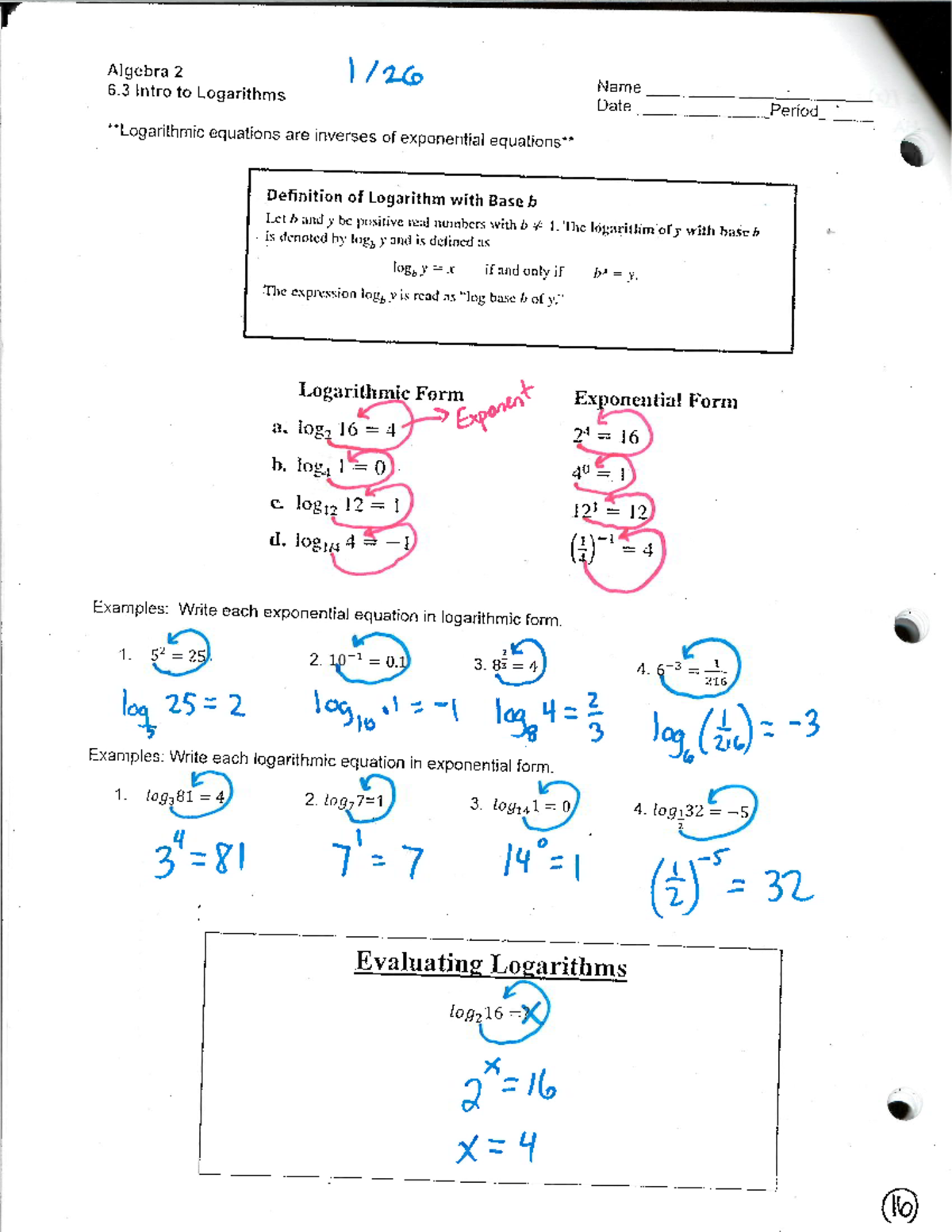 Algebra 2 6.3 Intro to Logarithms - Key Concepts and Examples - Studocu