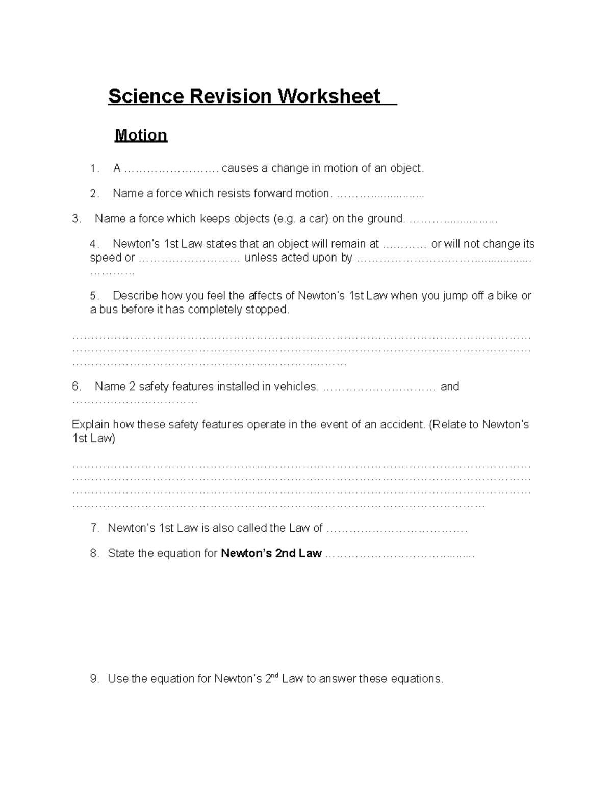 Yr10 Science Revision Worksheet: Motion & Energy Concepts - Studocu