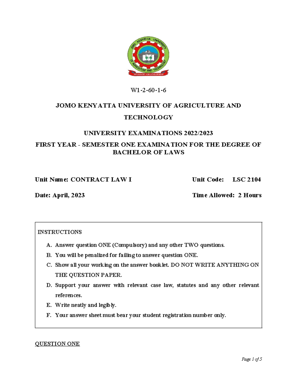 LSC 2104: April 2023 Final Exam - Contract Law I Analysis - Studocu
