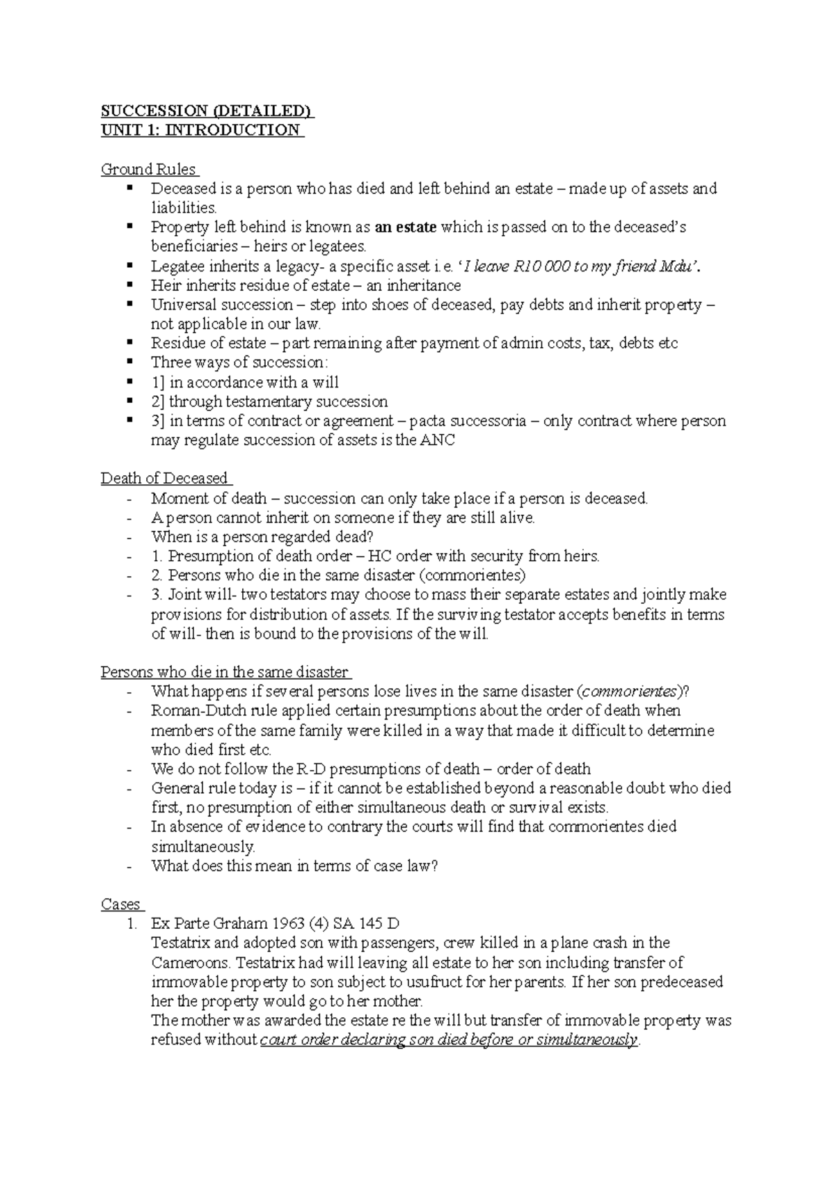 Succession Law Overview: Unit 1 & 2 Notes (DET) - Studocu