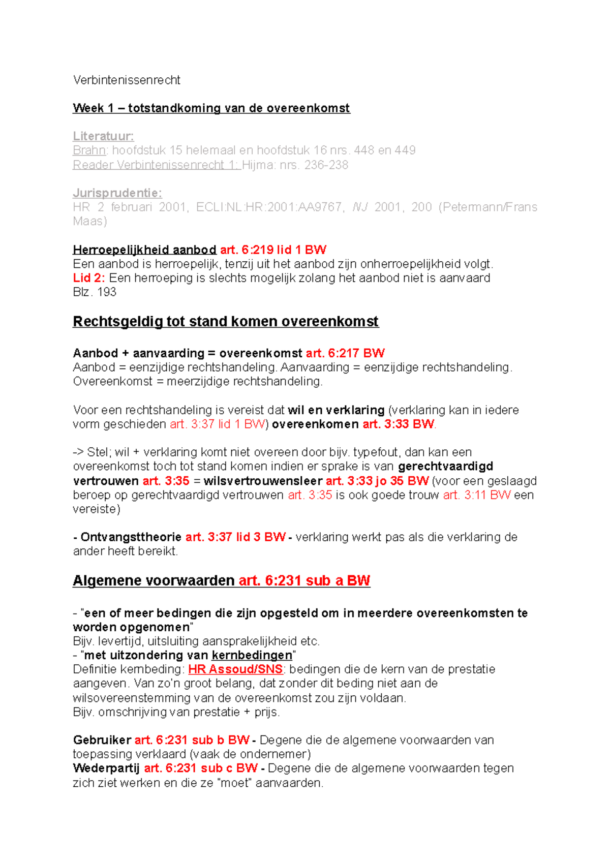 Samenvatting Verbintenissenrecht – Week 1 tot 4 met Literatuur en ...