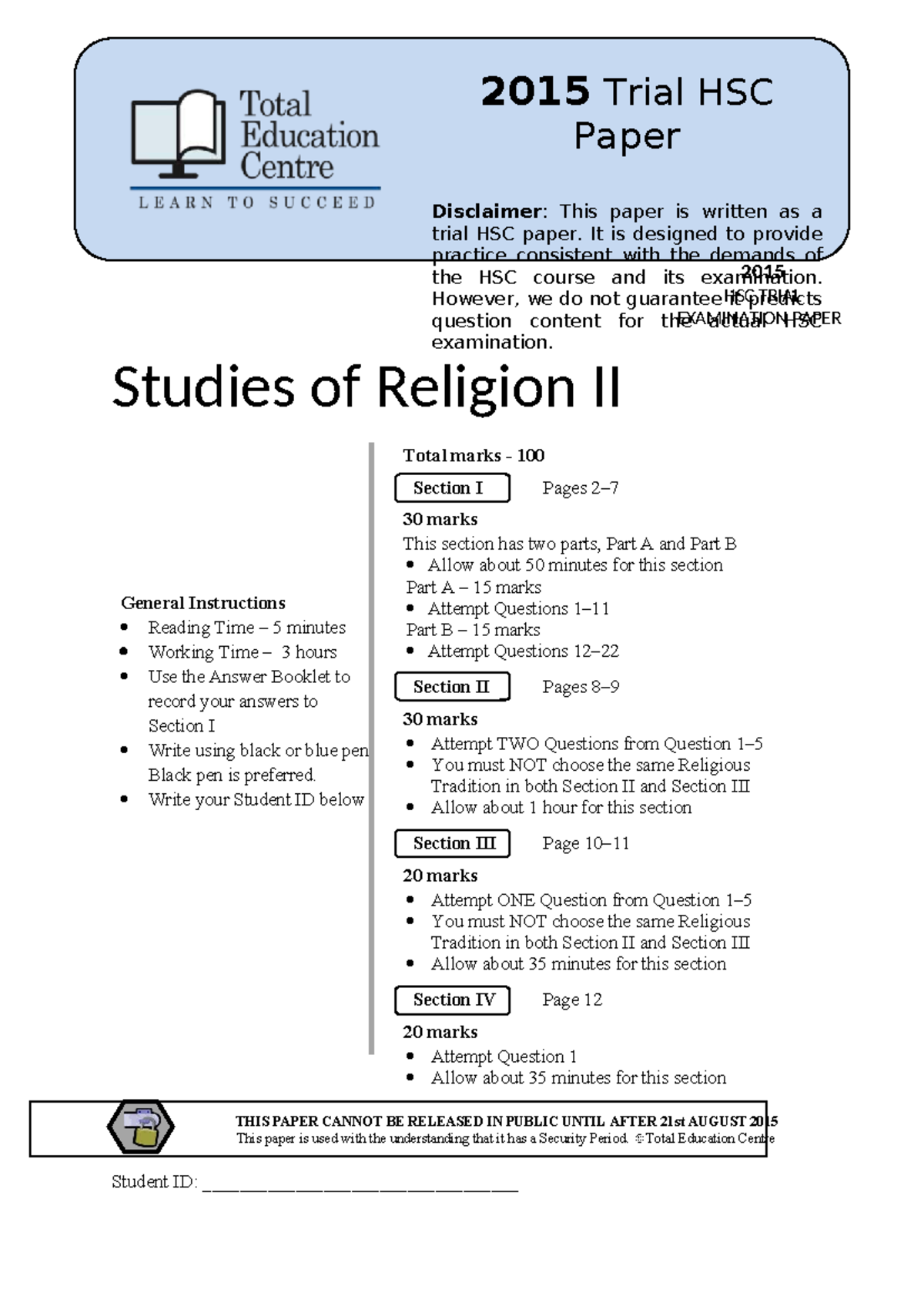 2015 Studies of Religion II HSC Trial Exam Paper - Studocu