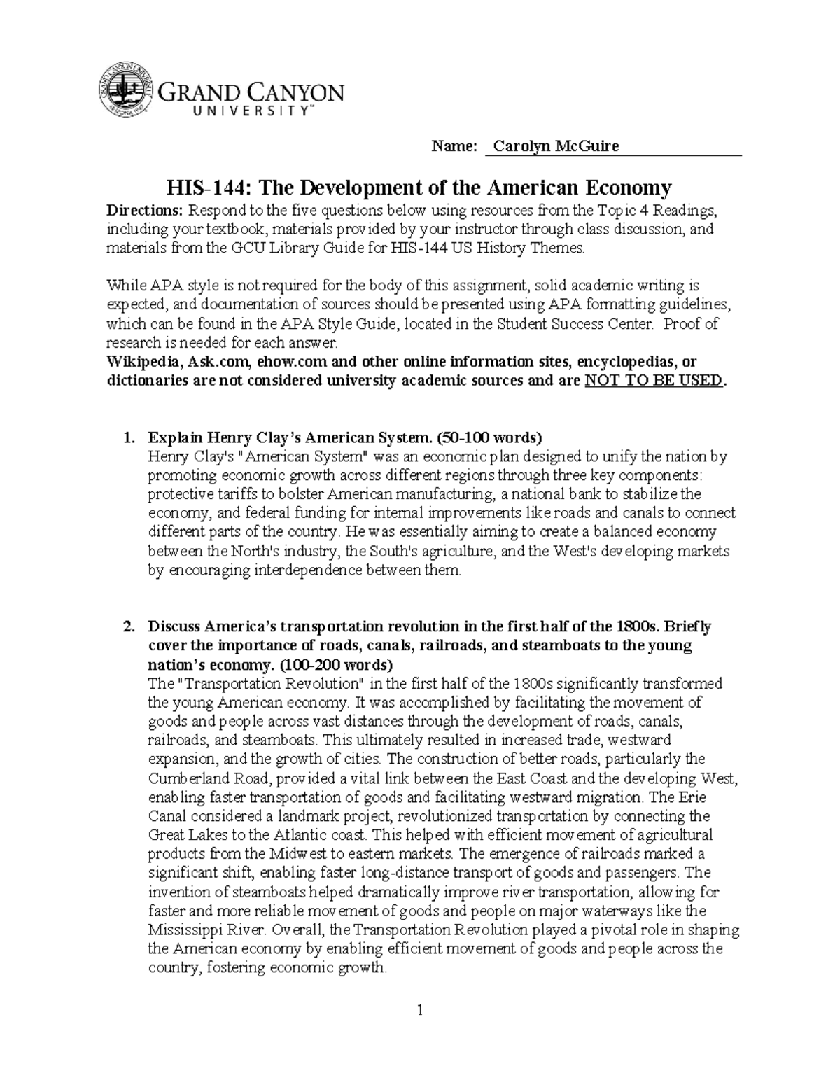 HIS-144-RS-Development of the American Economy Worksheet - Name ...