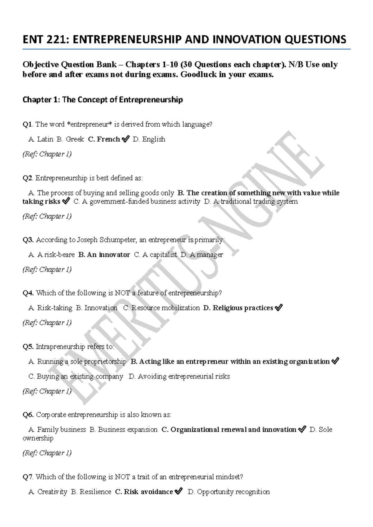 ENT 221: Entrepreneurship & Innovation Exam Questions - Objective Bank ...