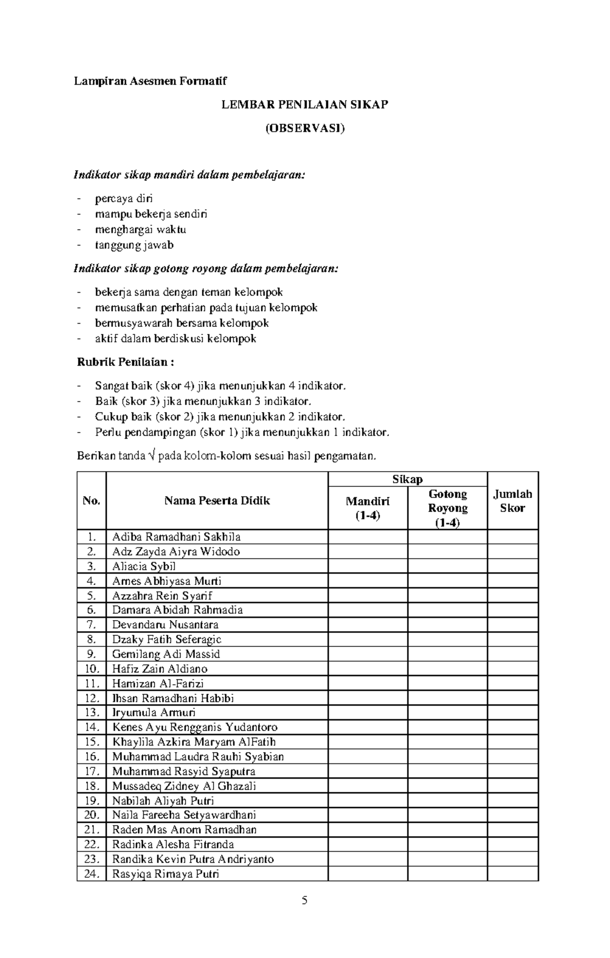 Lampiran Asesmen Formatif Kelas 1A: Penilaian Sikap dan Keterampilan ...