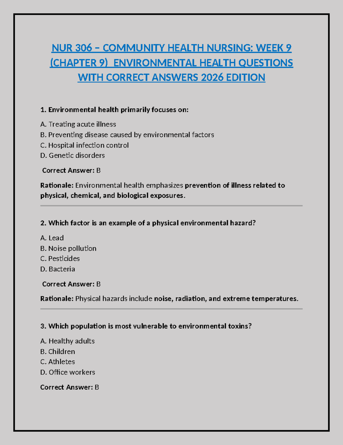 NUR 306 Community Health Nursing: Week 9 Environmental Health Q&A 2026 ...