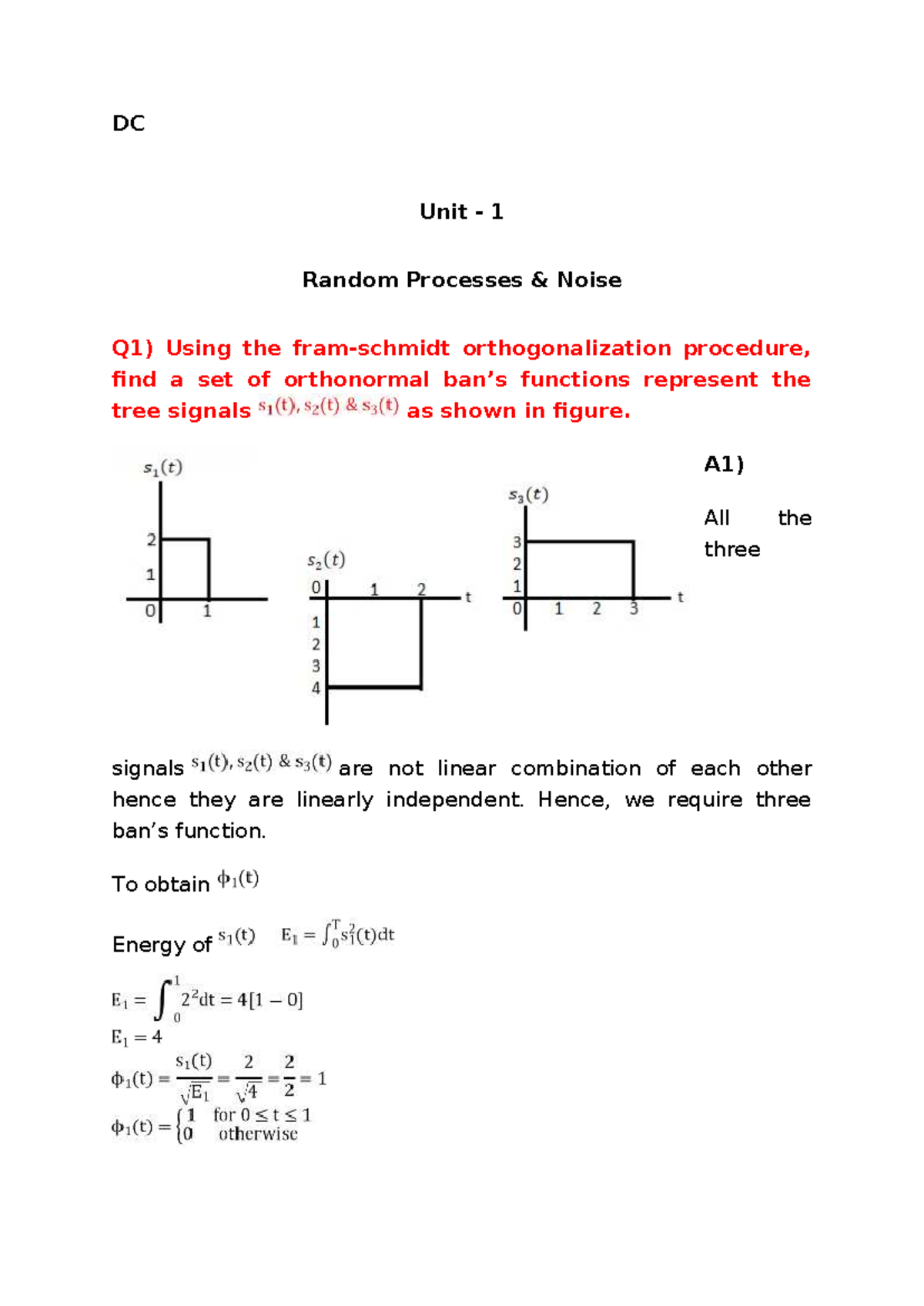 DC Unit 1 Random Processes: Noise and Orthonormal Functions Notes - Studocu