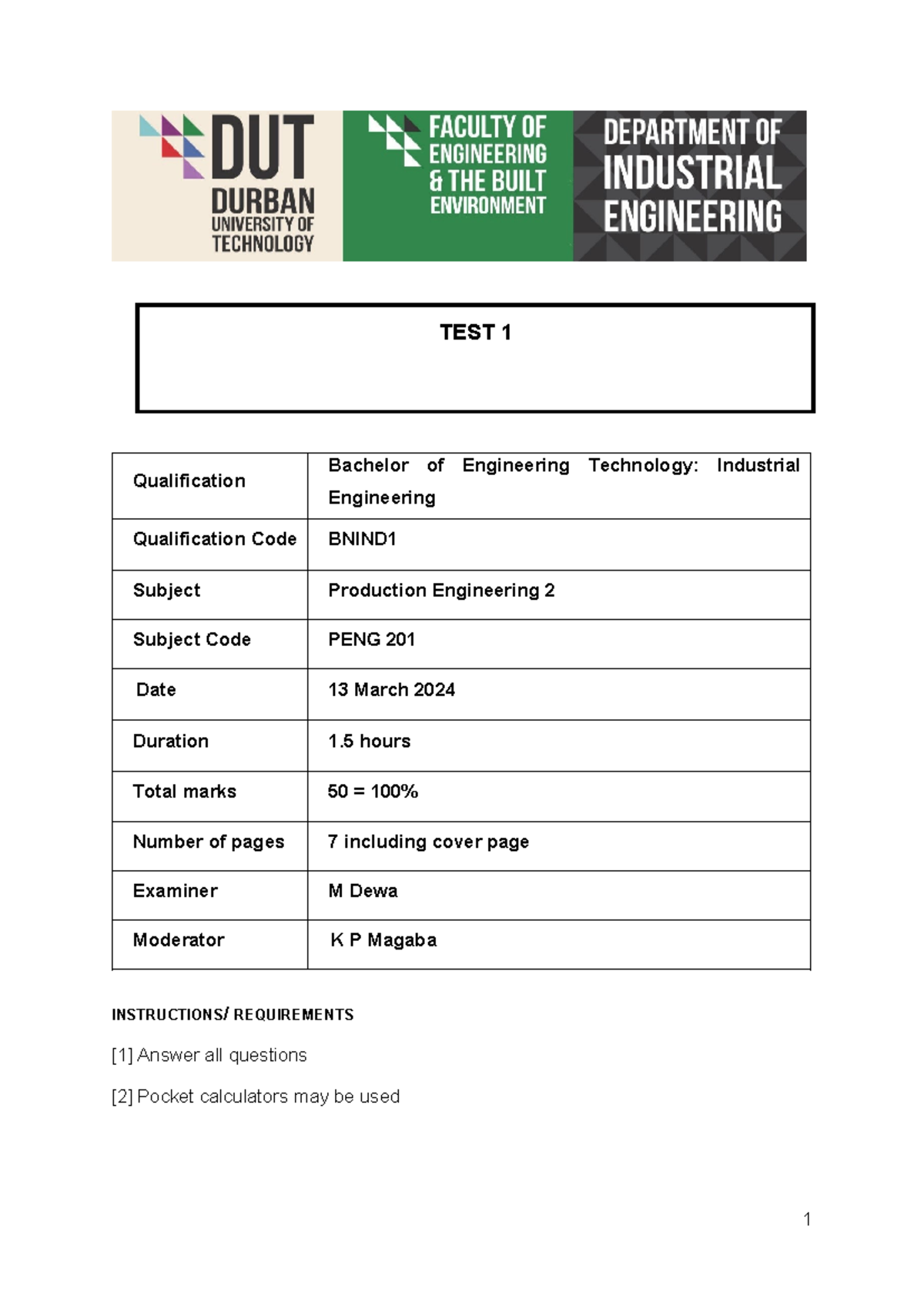 Test 1 - PENG 201 Production Engineering Past Paper (BNIND1) - Studocu
