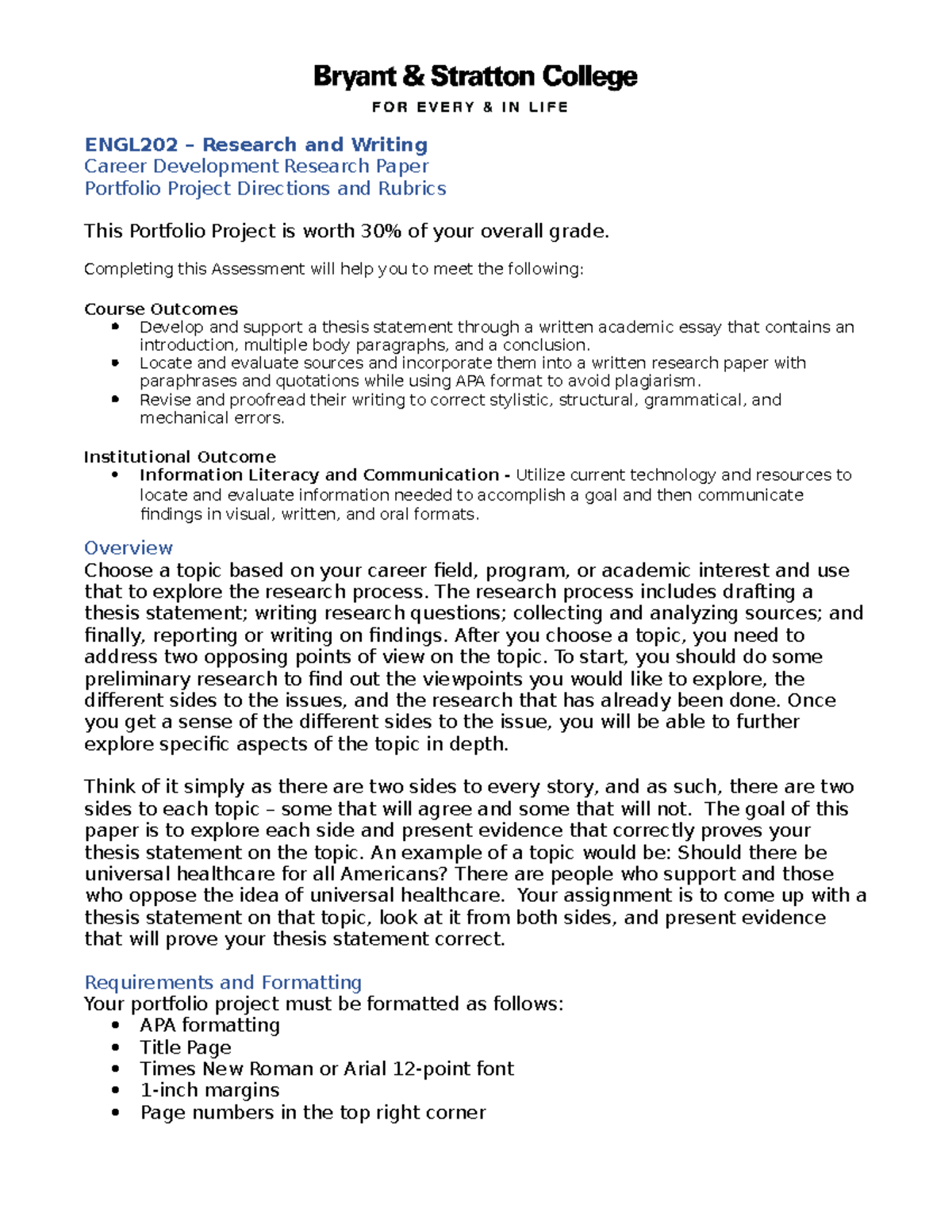 ENGL202 - Portfolio Project: Directions for Research Paper and Rubric ...