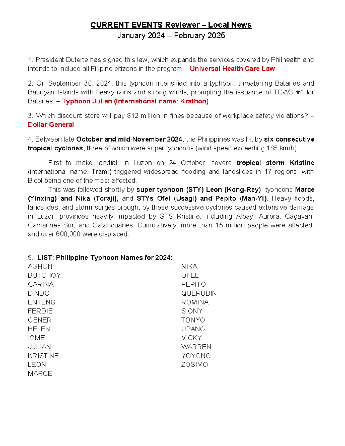 CURRENT EVENTS Reviewer: Local News Highlights (Jan 2024 - Feb 2025 ...